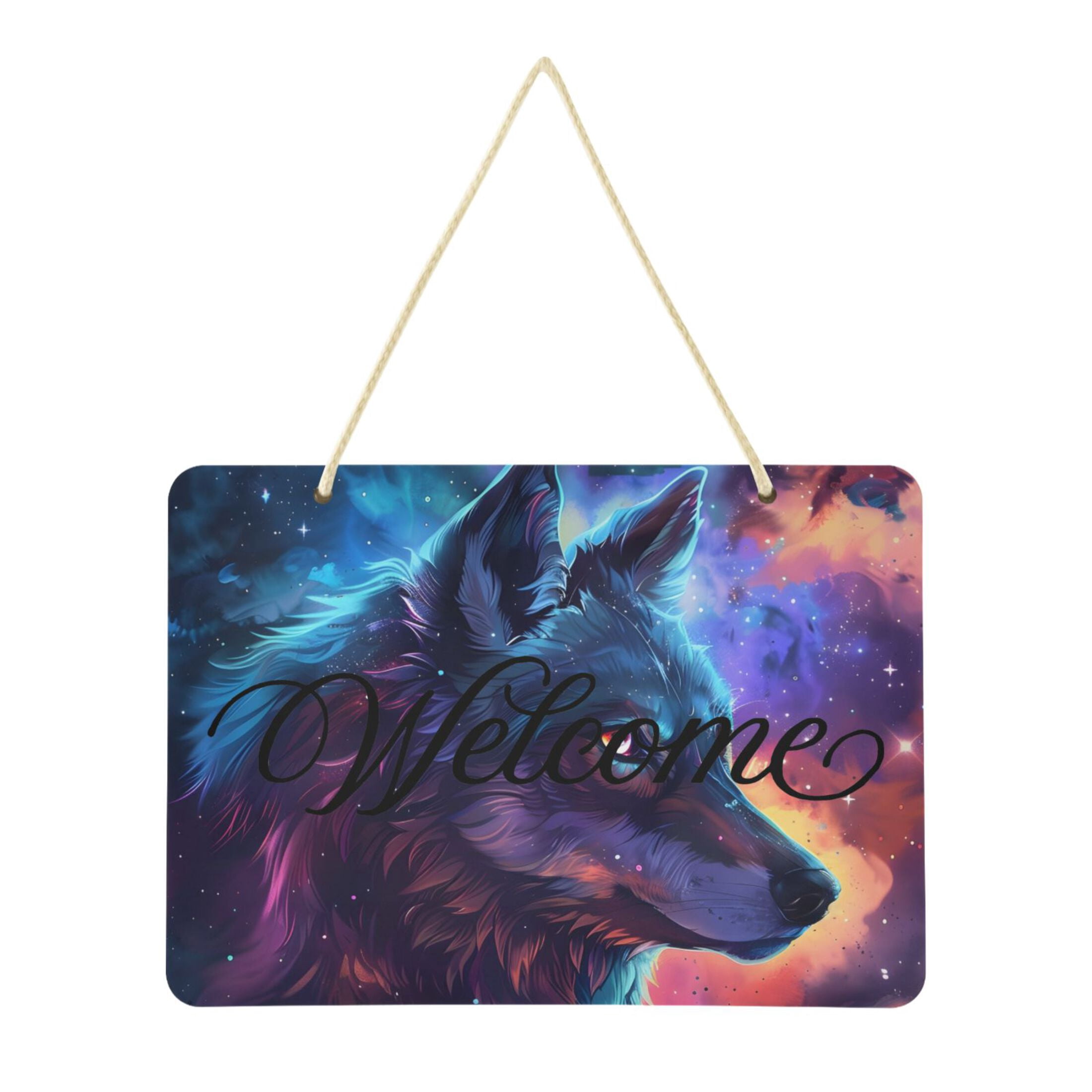 Nebula Colored Wolf Welcome Sign Front Door PVC 14x10 inch Hanger Hello ...