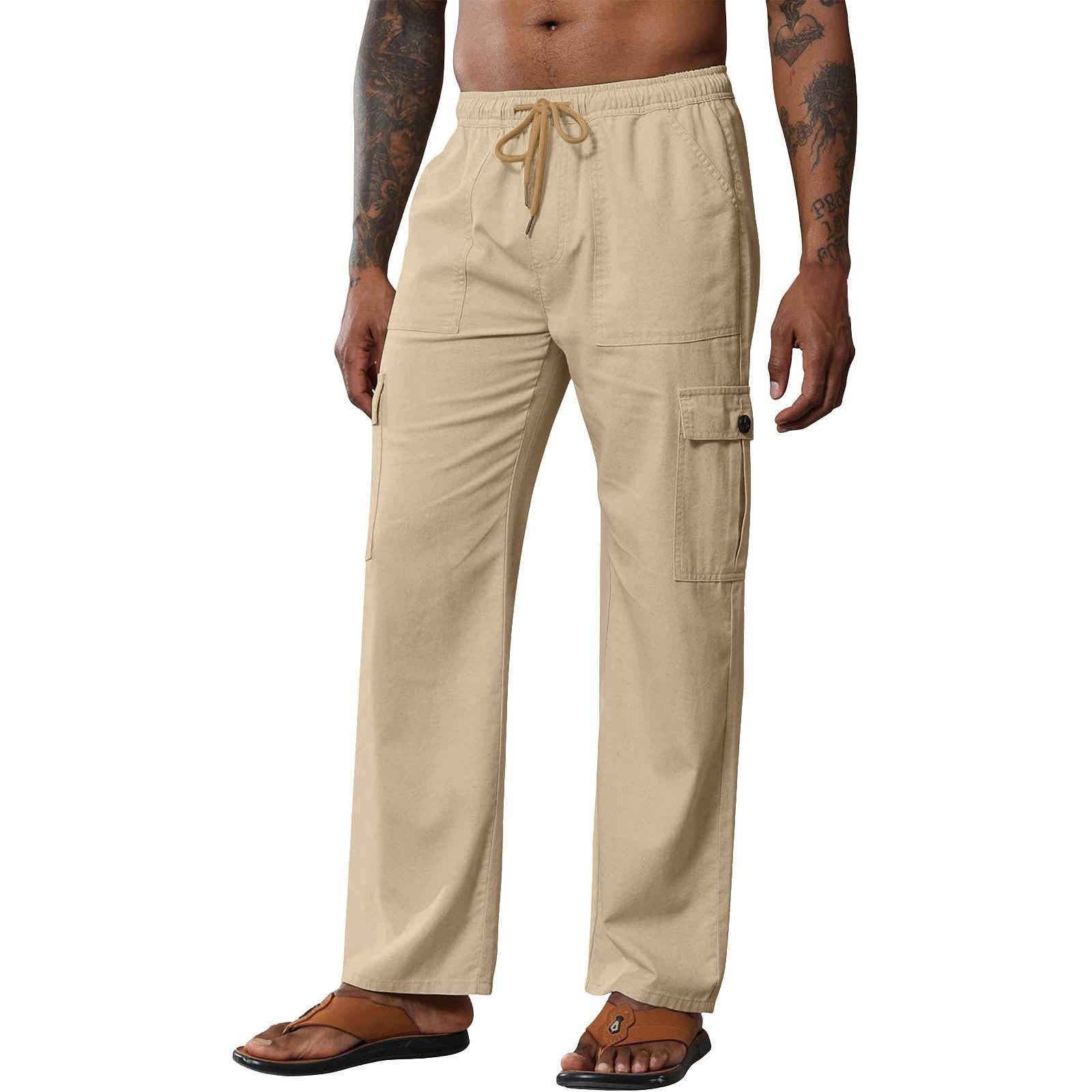 Nebwoak Mens Wide Leg Cargo Pants- Cotton Relaxed Fit Drawstring ...