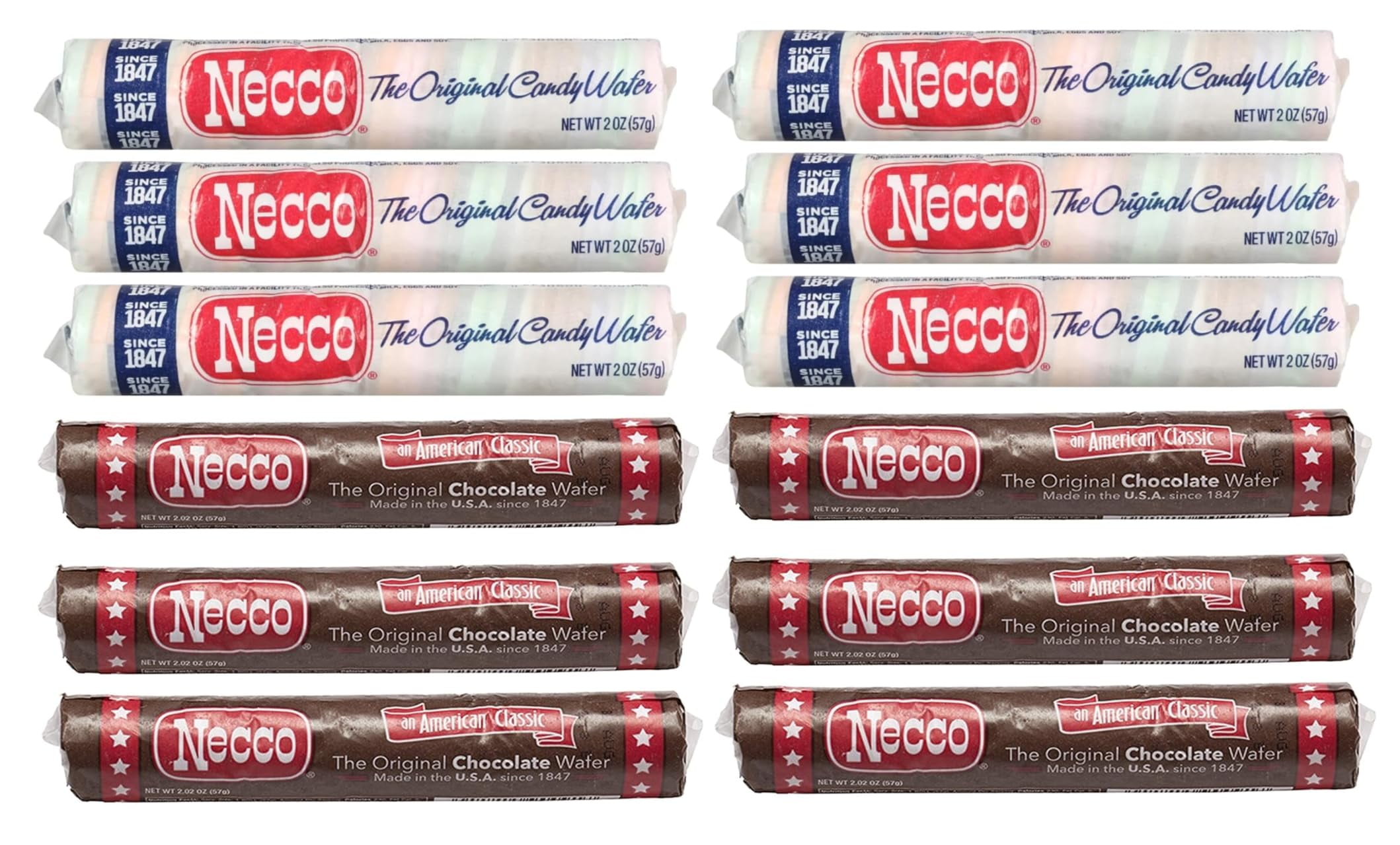 Necco Wafers Variety Pack - 12 Rolls - 6 Rolls of Chocolate and 6 Rolls ...