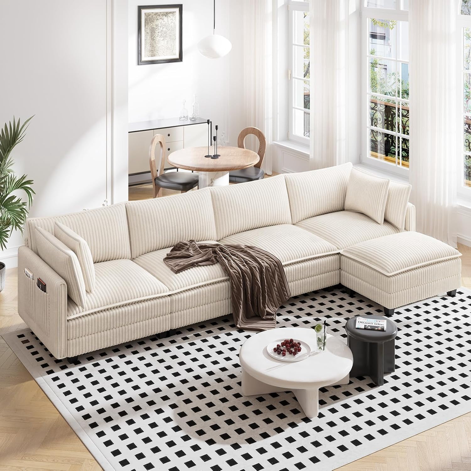Neche 143" L Shaped Modular Sectional Sofa, Comfy Corduroy Upholstered ...