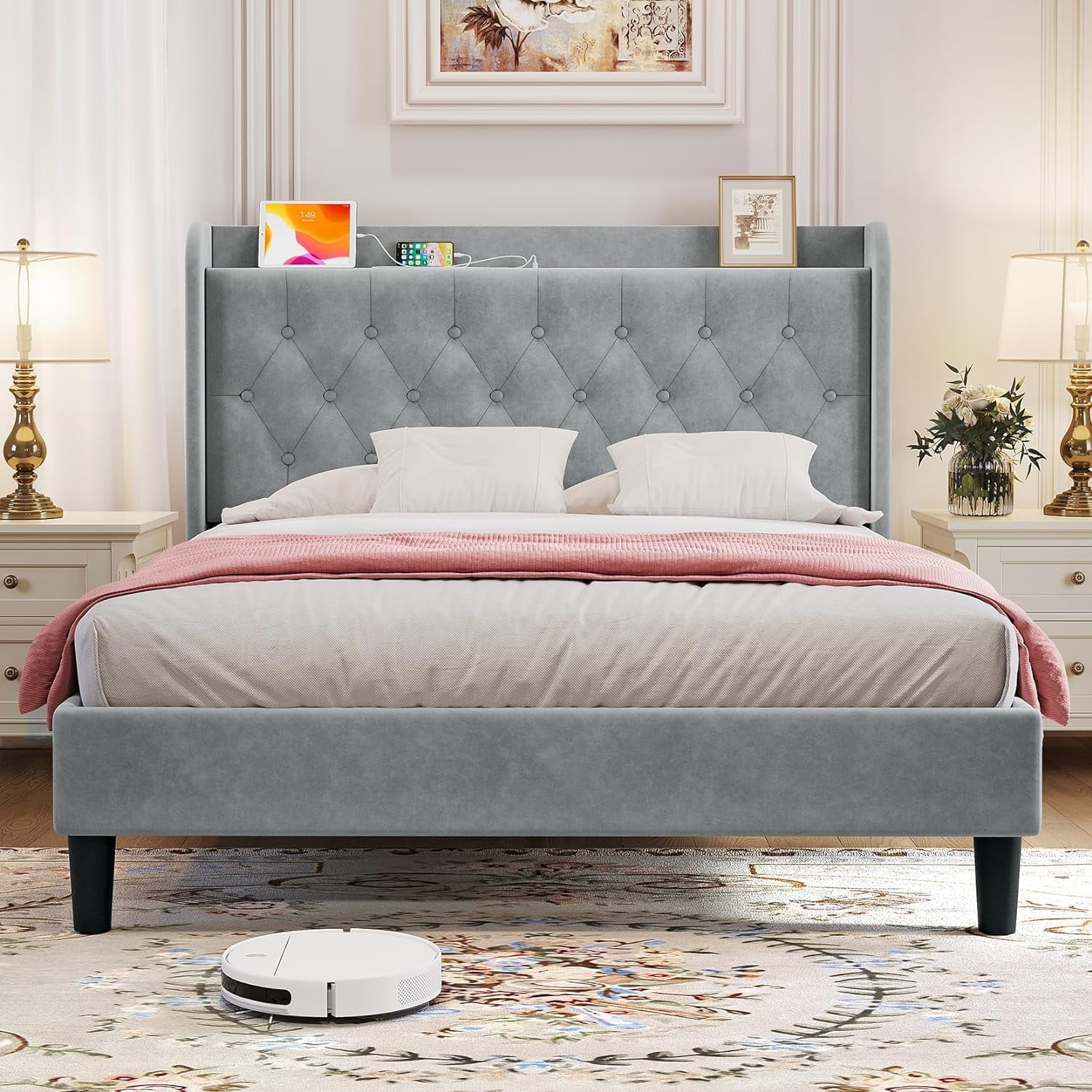 Neche Queen Size Bed Frame, Adjustable Velvet Upholstered Bed Frame ...