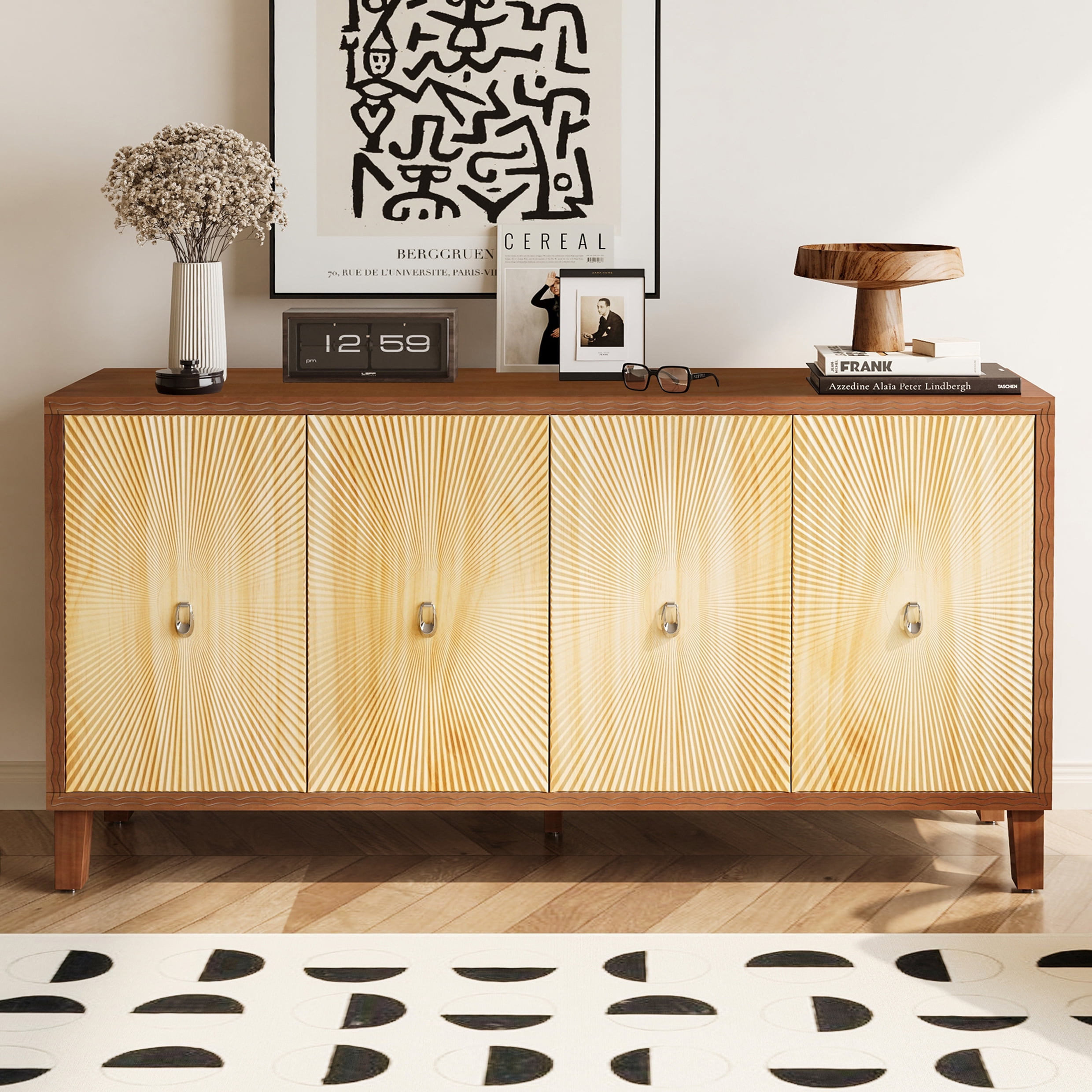 Neche Vintage 4 Door Storage Cabinet - Carved Scatter Pattern Dining Sideboard, Large Buffet ...