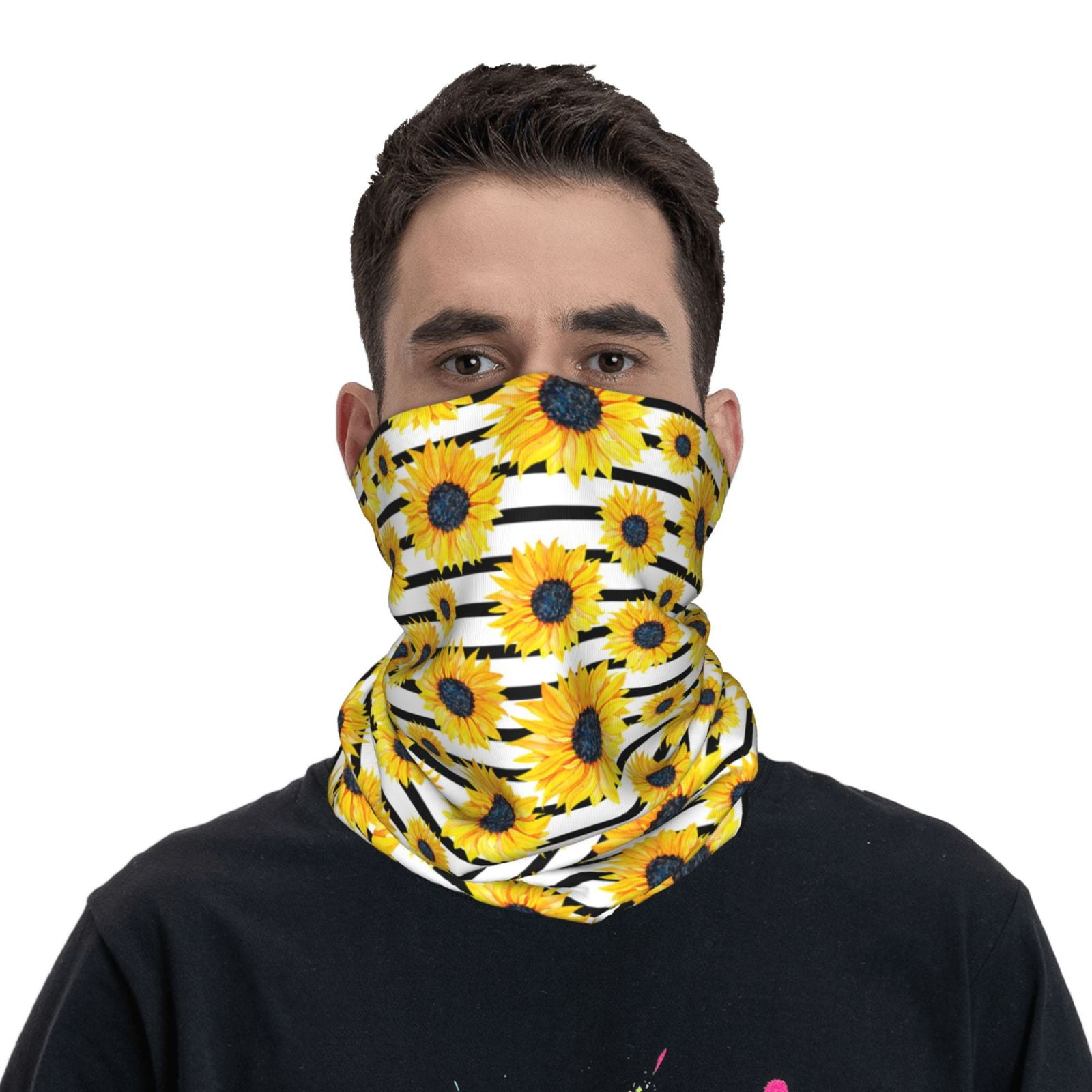 Neck Gaiter Face Mask Men Women, yellow sunflowers black white striped ...