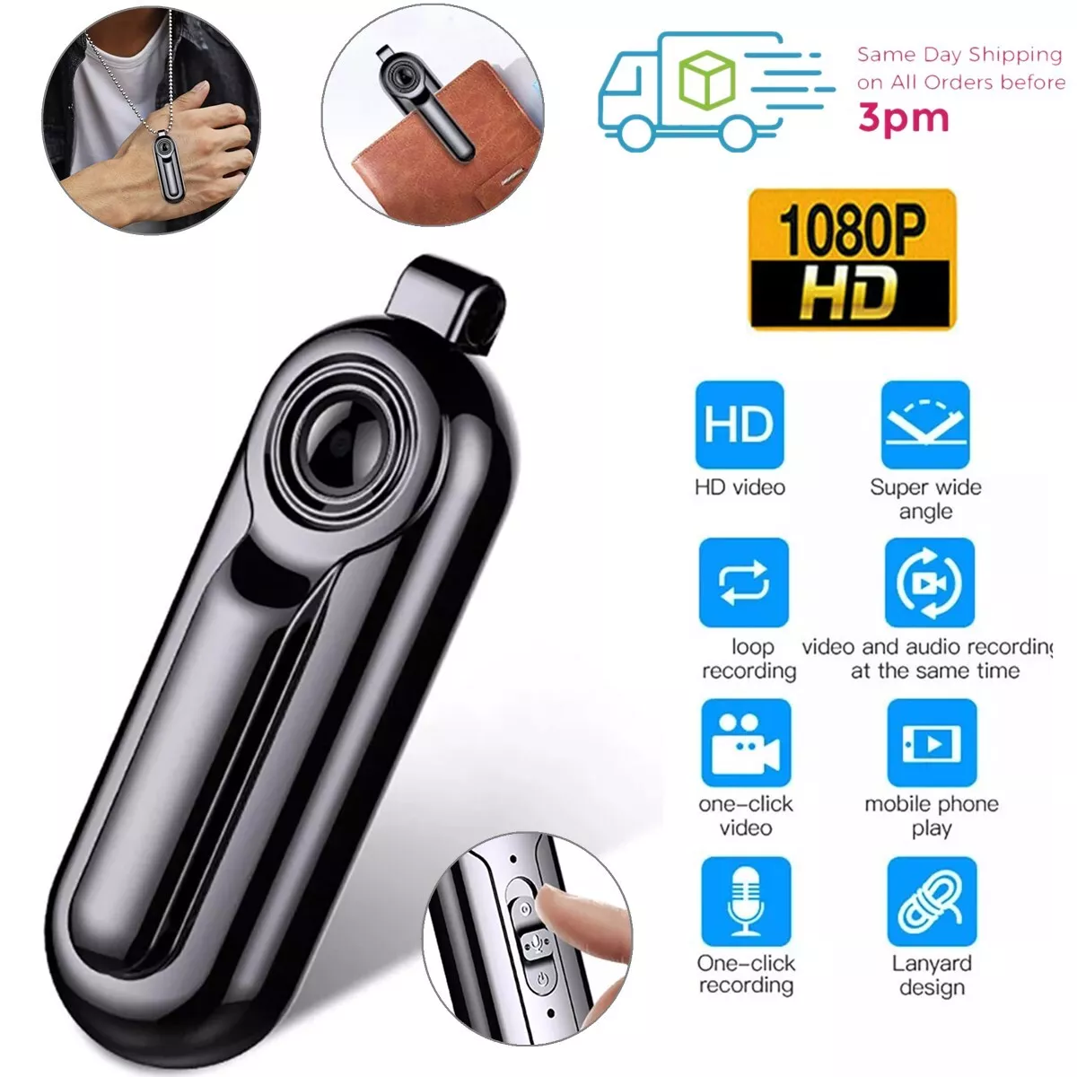 Necklace Camera Mini Full HD Video Audio Voice Recording Wearable Small ...