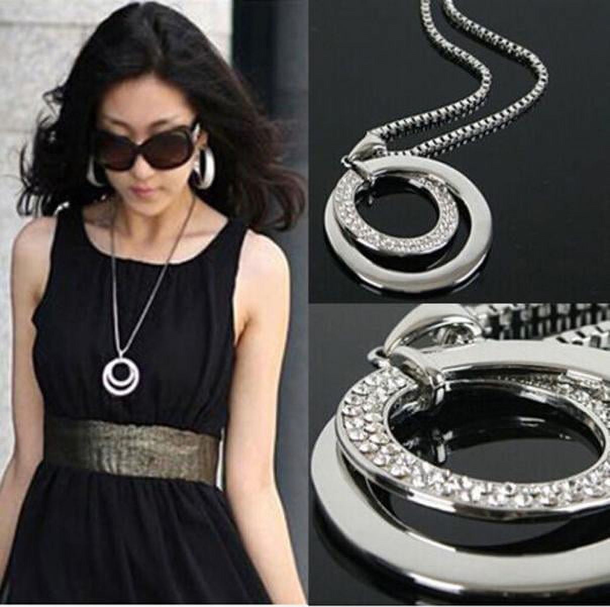 Necklaces Pendants Long Chain Women Fashion Rhinestone Silver Plated ...