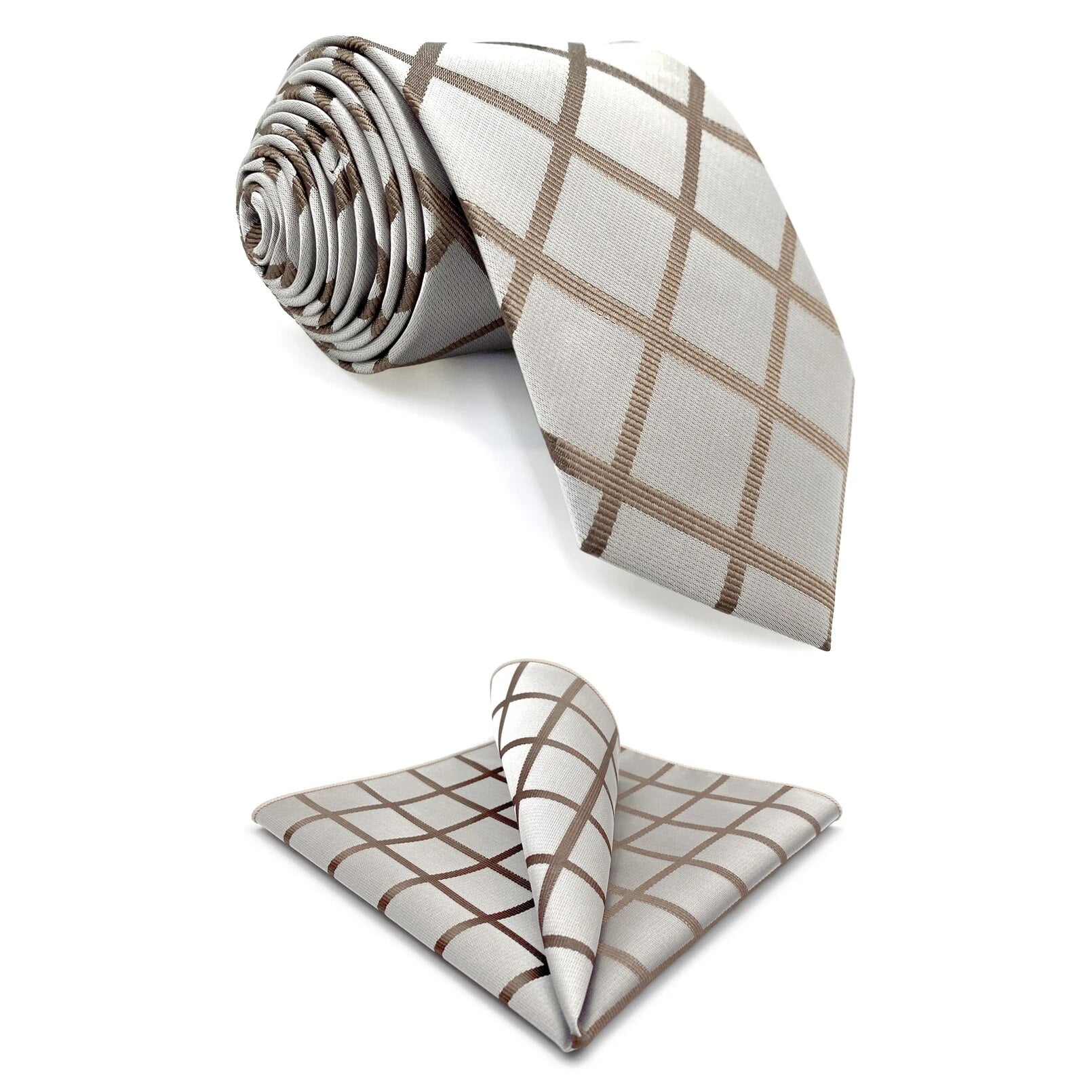 Necktie for Men Beige Brown Checkered Tie and Pocket Square Satin ...
