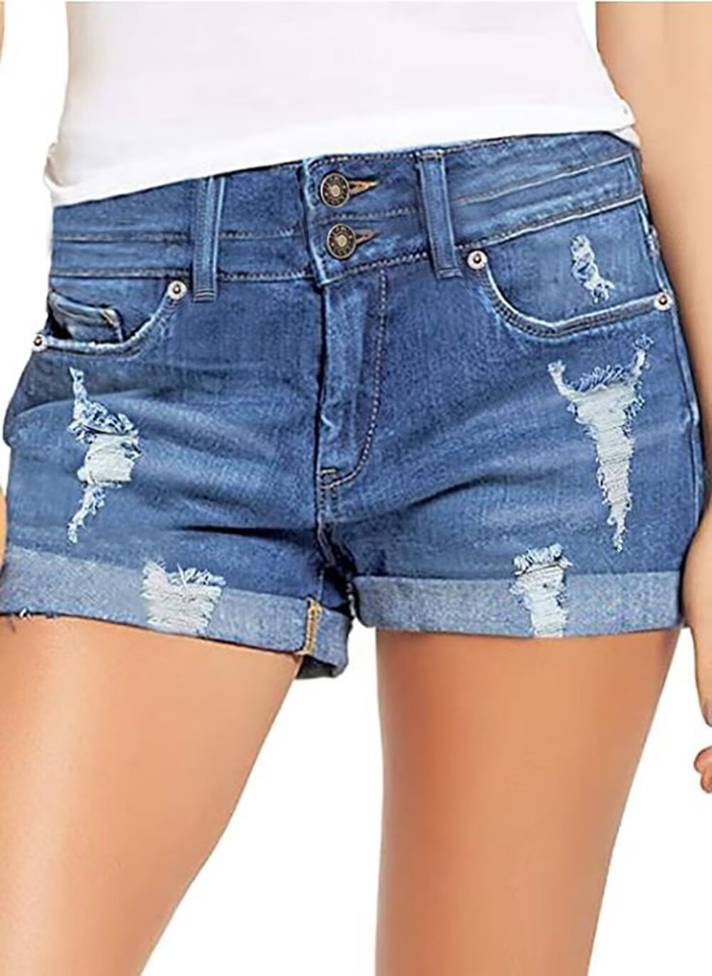 Necooer Women's Summer Casual Denim Shorts Double Button Ripped Jeans ...