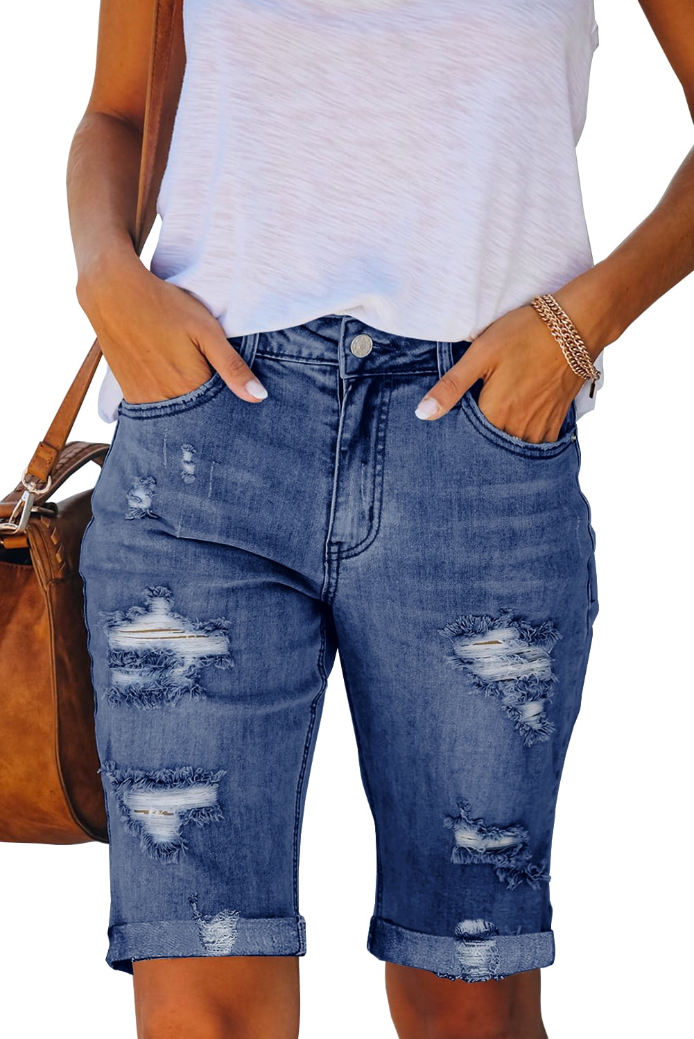 Necooer Womens Blue Five Points Plus Size Denim Shorts Summer High ...