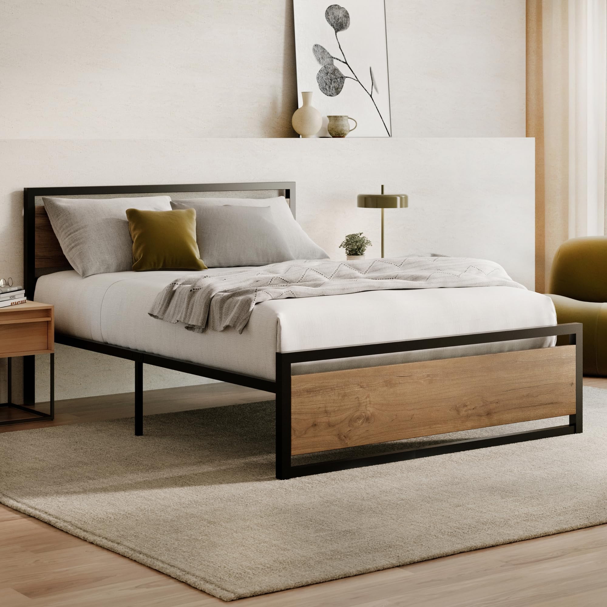 Nectar Metal Platform Queen Bed Frame w/Wooden Headboard and Footboard ...