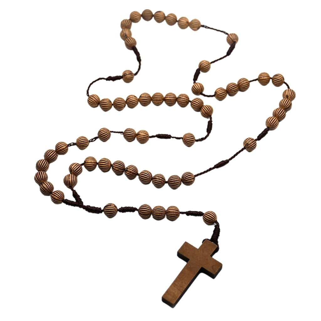 Necvior Catholic Rosary Wood Beads Necklace Mini Cross Finger Rosaries ...