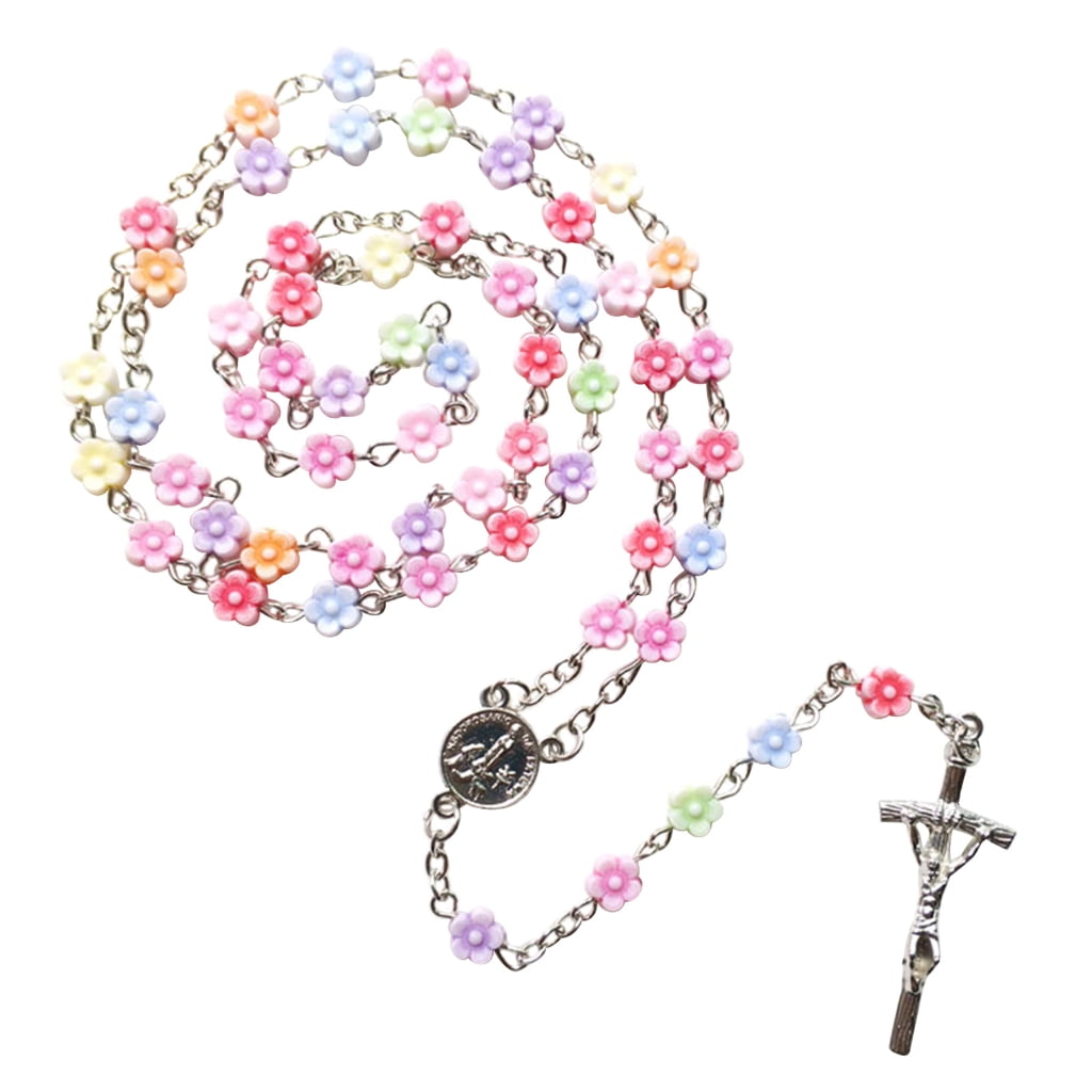 Necvior Crystal Flower Beads Catholic Rosary Necklace for Women Rosary ...