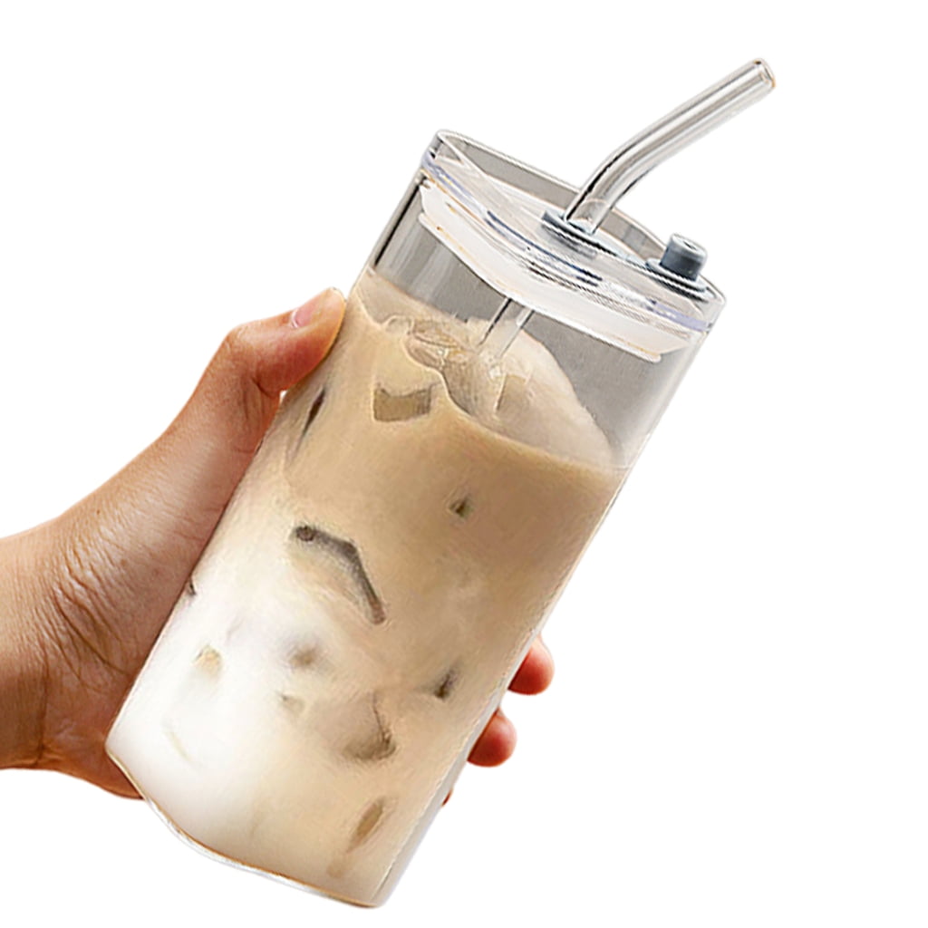 Necvior Glass Drinking Cup 350ML with Straw Glass Tumbler Beverage Cups ...