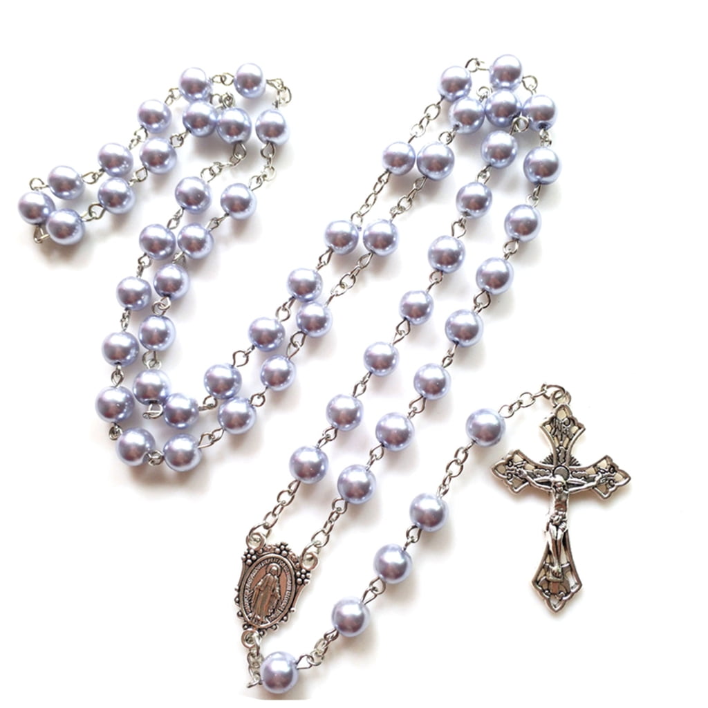 Necvior Glass Pearl Cross Rosary Necklace Hanging Pendant Crafts Long ...