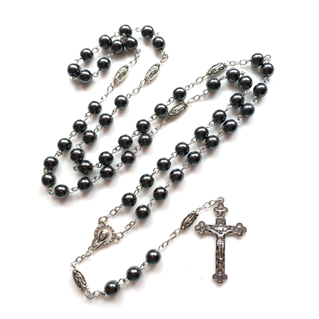 Necvior Hematite Stone Rosary Necklaces Beaded Cross Pendant Religious ...