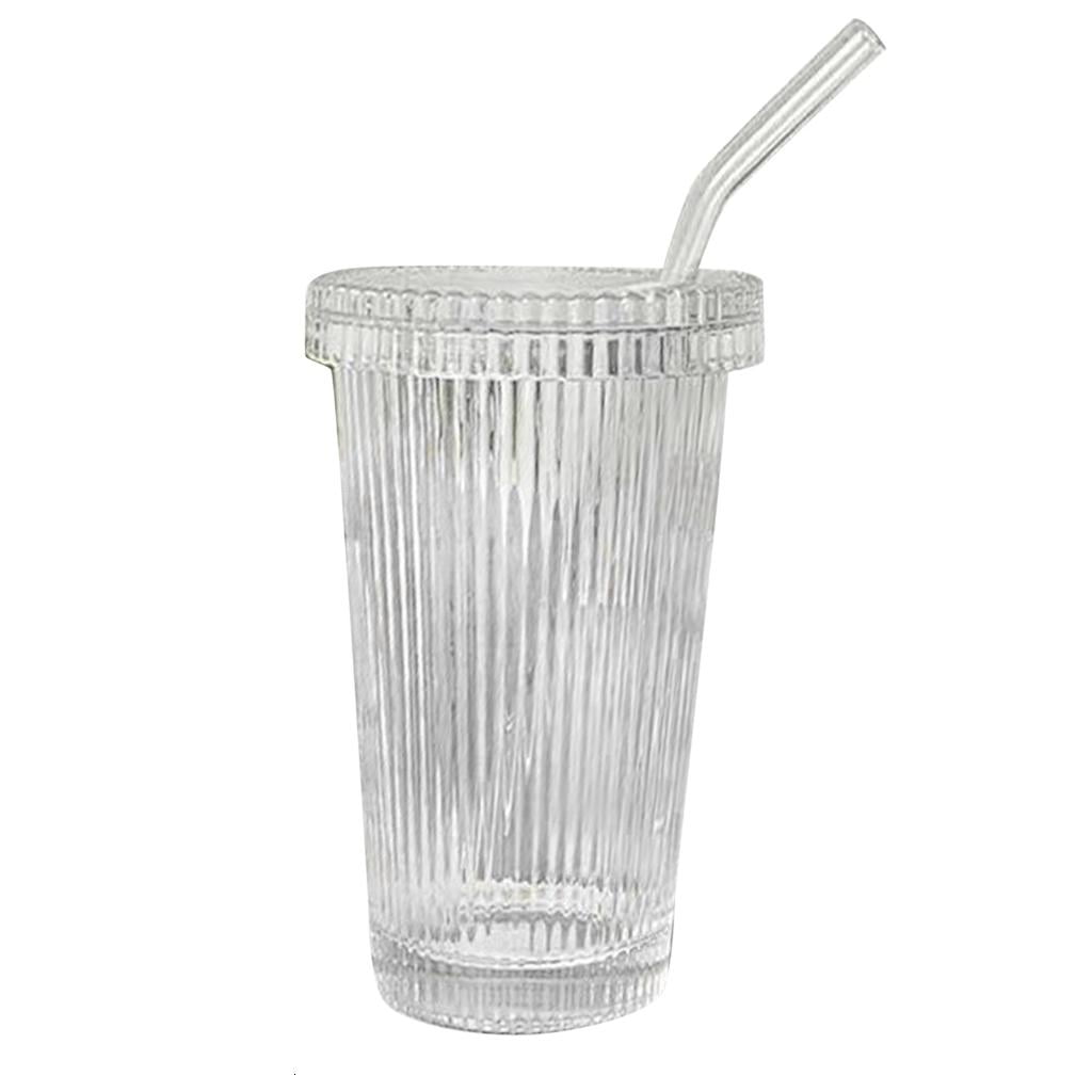 Necvior Simple Striped Glass Cup with Straw Whiskey Glass Drinking Cup ...