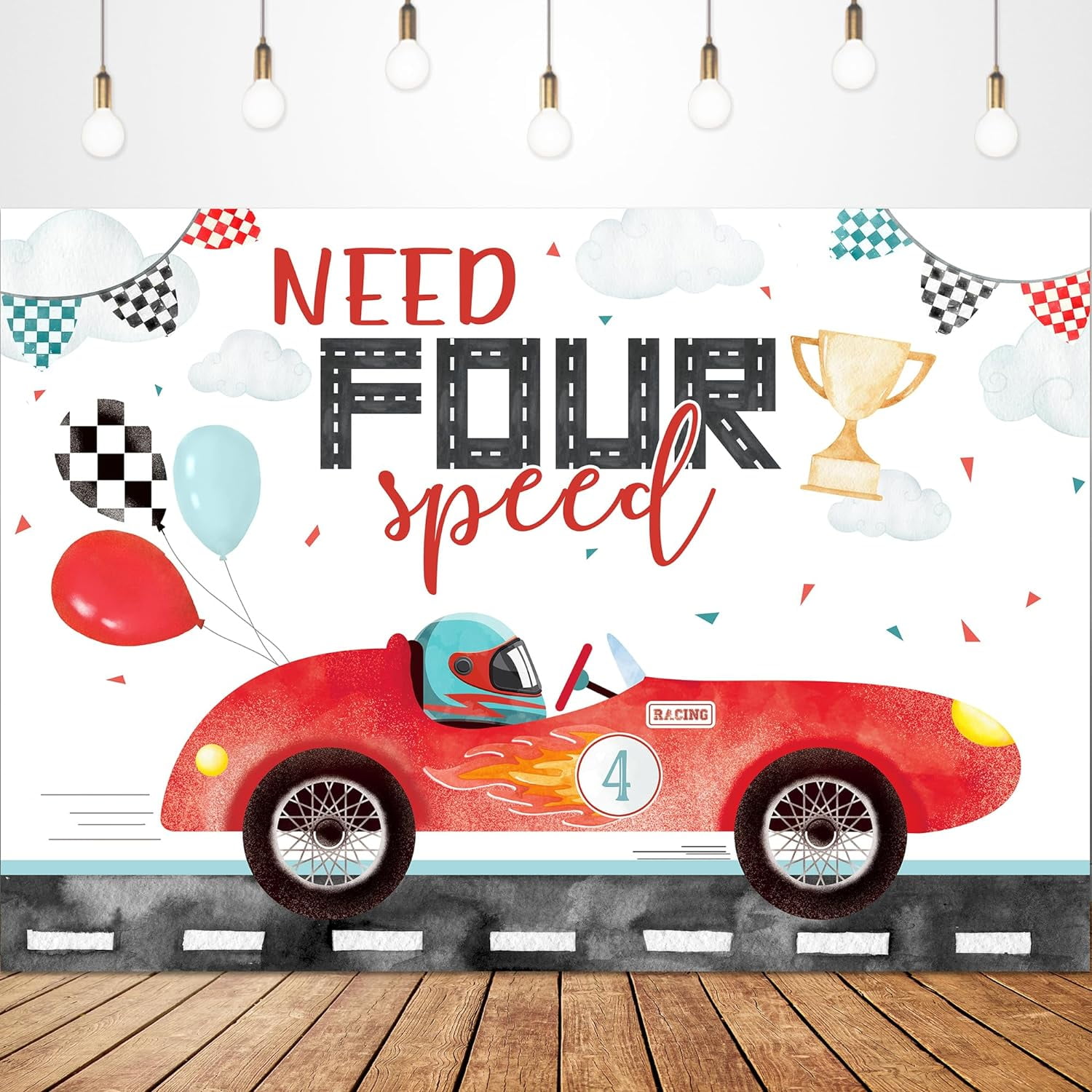 Need 4 Speed Birthday Backdrop Feet Watercolor Red Racing Car Cartoon ...
