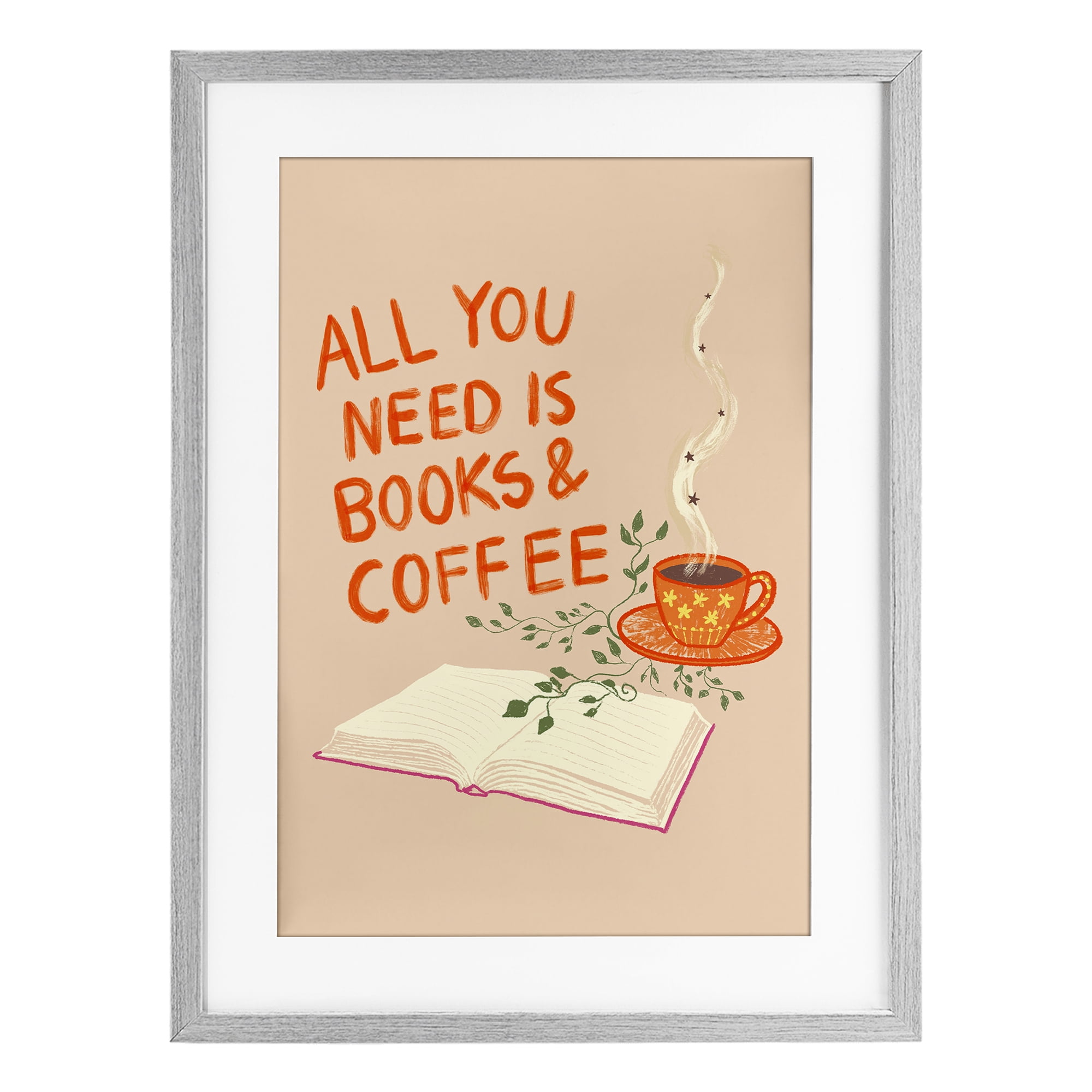 Need Books & Coffee Gray Framed Print Under Glass, design by Florentina ...