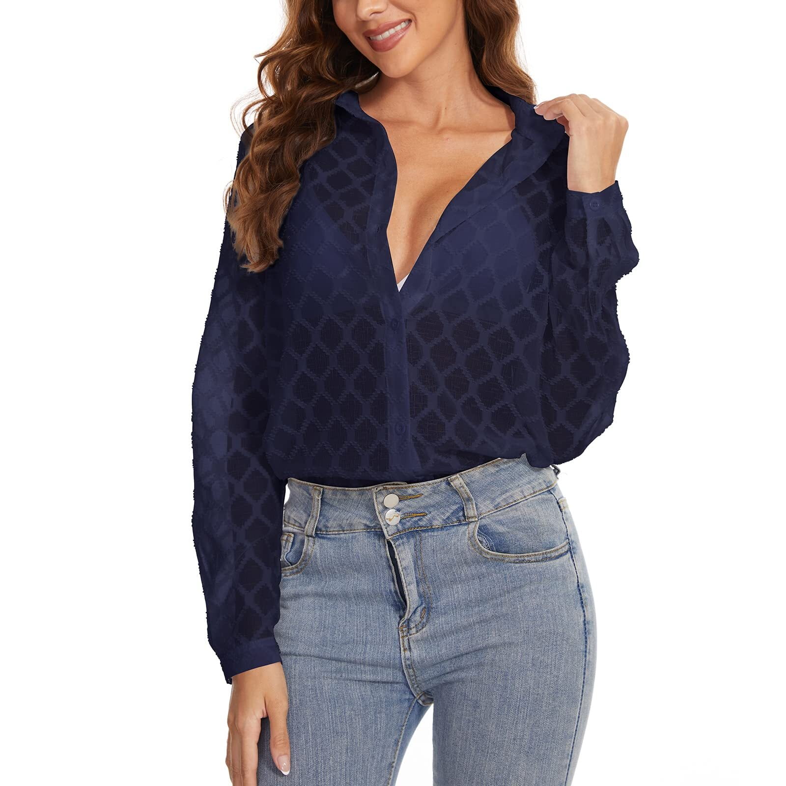 NeedBo Women's Button Down Long Sleeve V Neck Mesh Shirt See Through ...