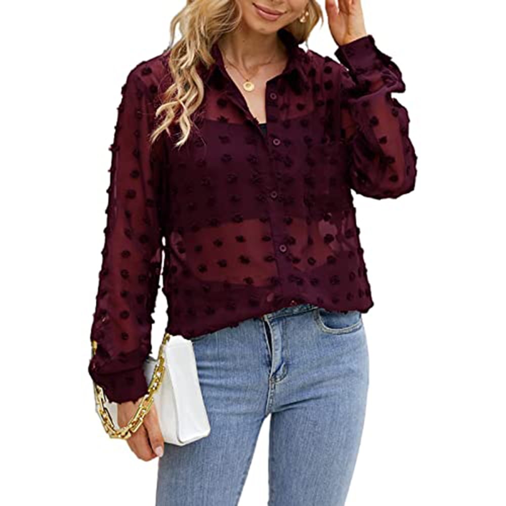 NeedBo Women's Long Sleeve V Neck Button Down Mesh Shirt See Through ...