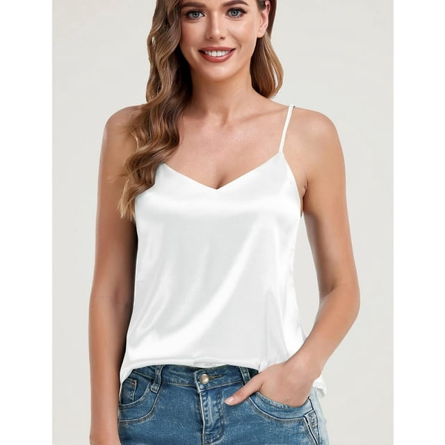 NeedBo Womens Silk Satin Tank Tops V Neck Camisole Sleeveless Blouses Basic Tank Shirt, White M ...