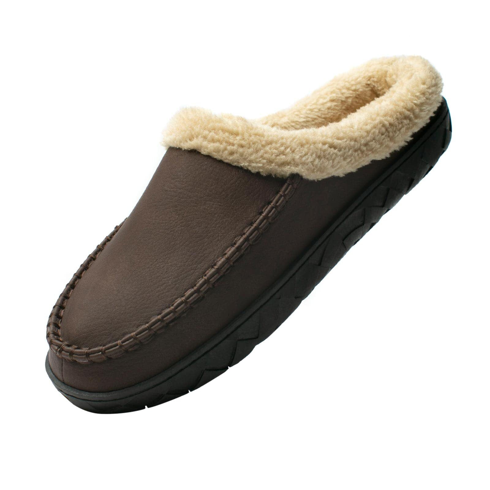 Needbo Men's Moccasin Slippers Faux Leather Fuzzy Lined House Shoes ...