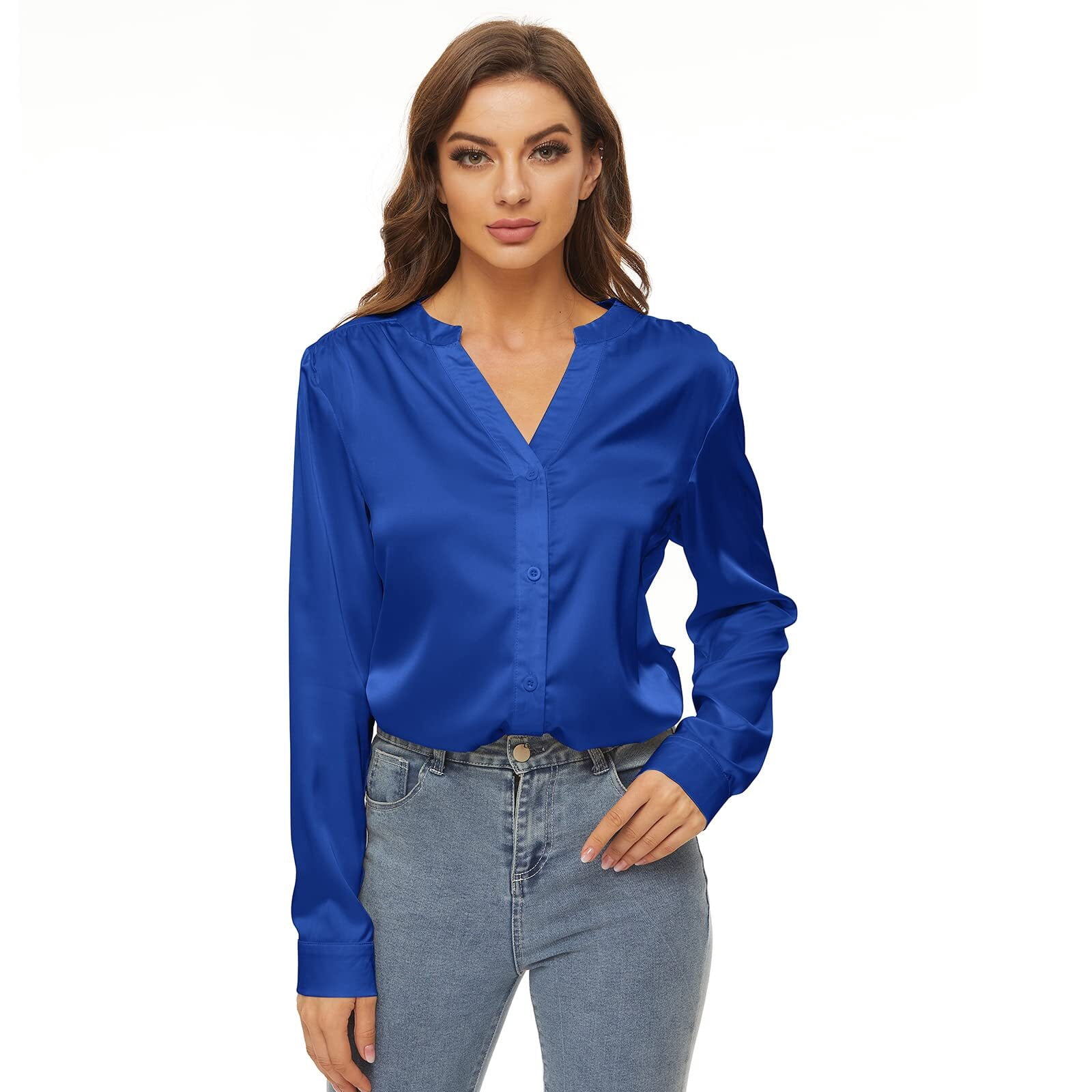 Needbo Women's Blouse Satin Silk Shirts V Neck Long Sleeve Button Down ...