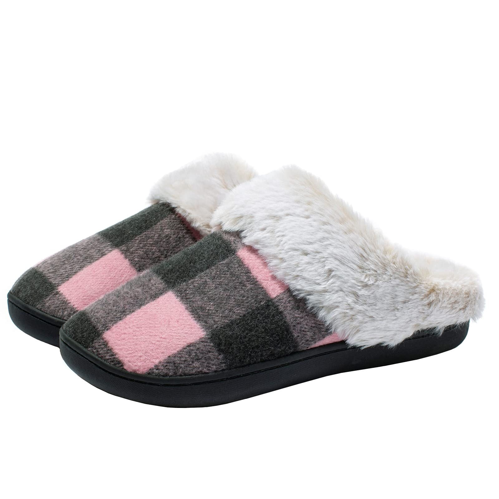 Needbo Women's Slippers Cozy Fuzzy Plaid Slip On Memory Foam House ...