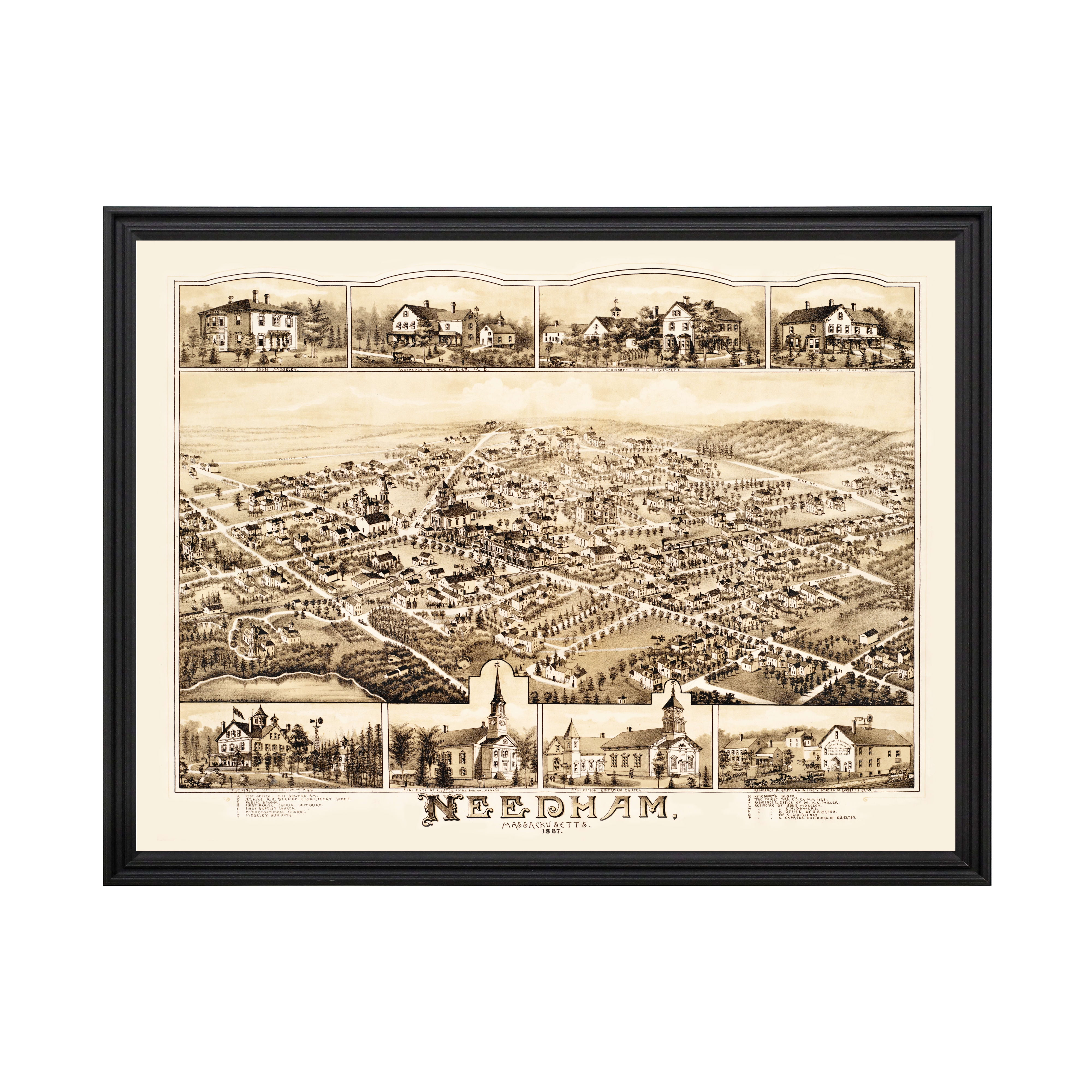 Needham Art, 1887 Vintage Map of Needham Massachusetts, MA History Wall ...