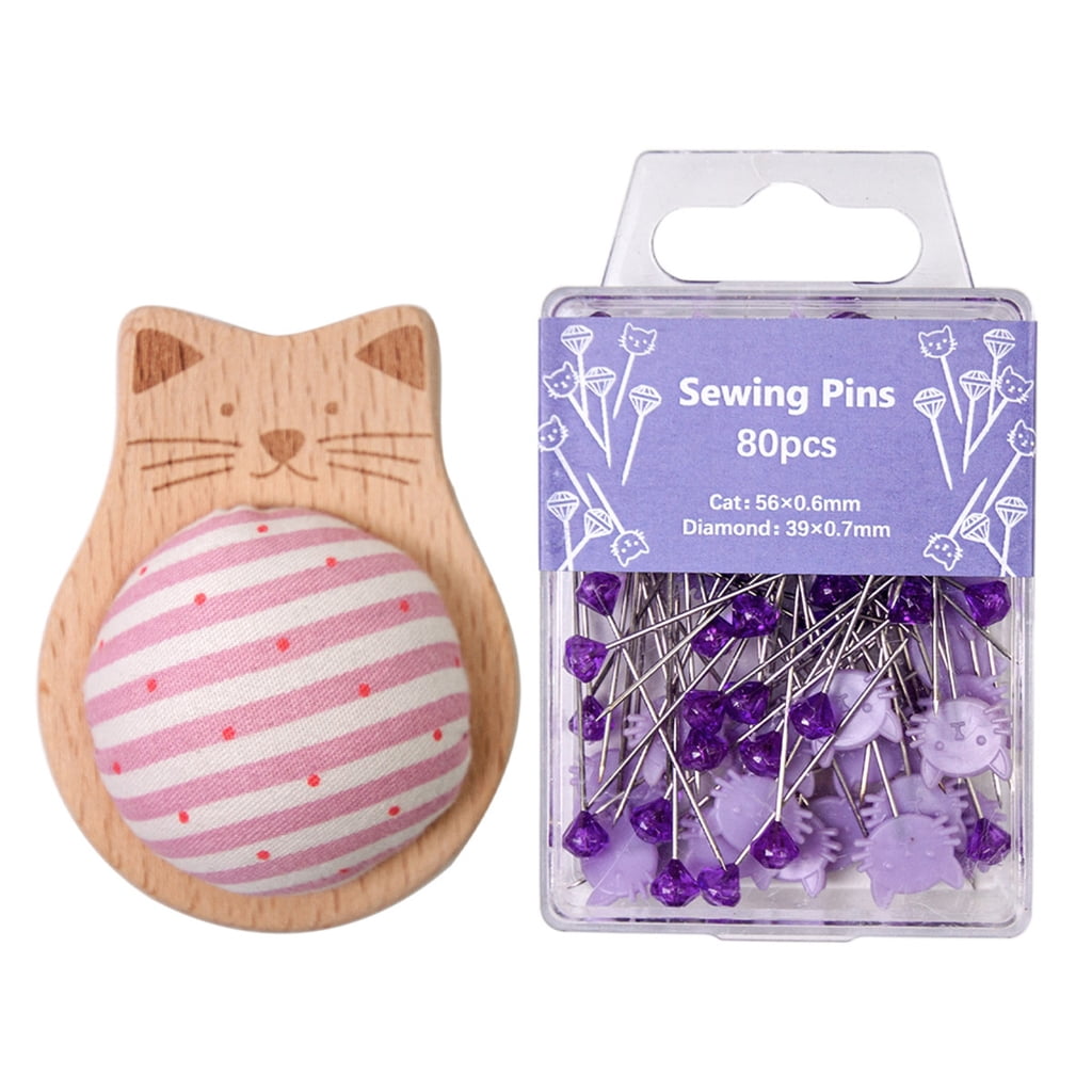 Needle Pin Cushion Wood Pin Holder with 80 Dressmaking Pin for Sewing ...