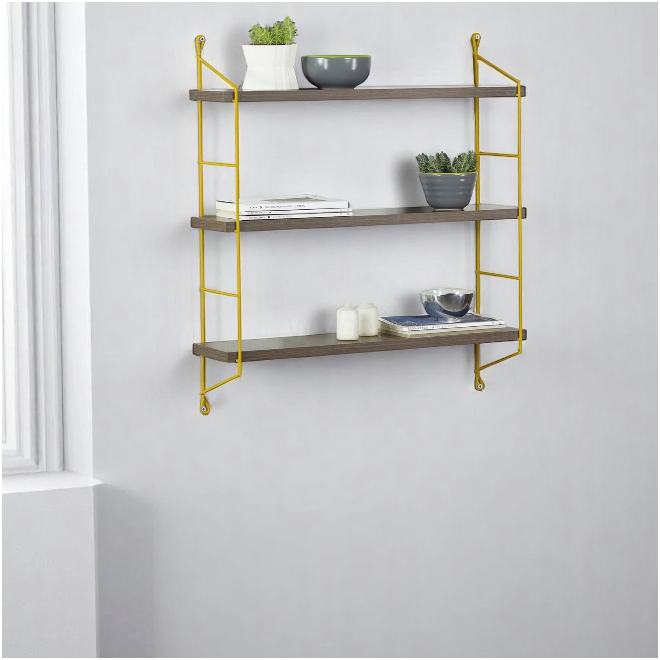 Neelix 3-Tier Wall Shelf, Solid Wood with Yellow Metal Frame, Walnut ...