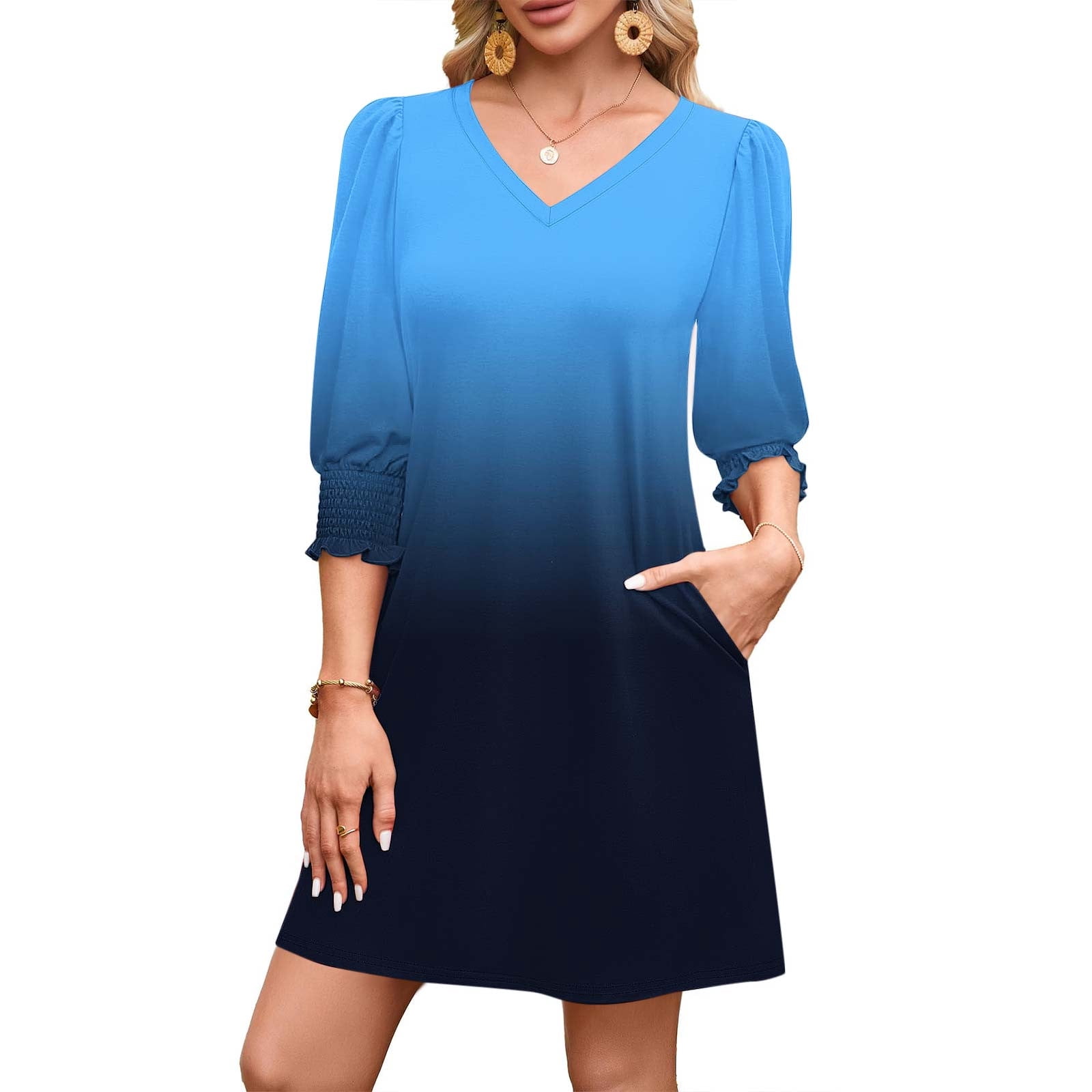 Neewe Midi Dress 3/4 Sleeve Plain V Neck High Waist Pleated A-Line ...