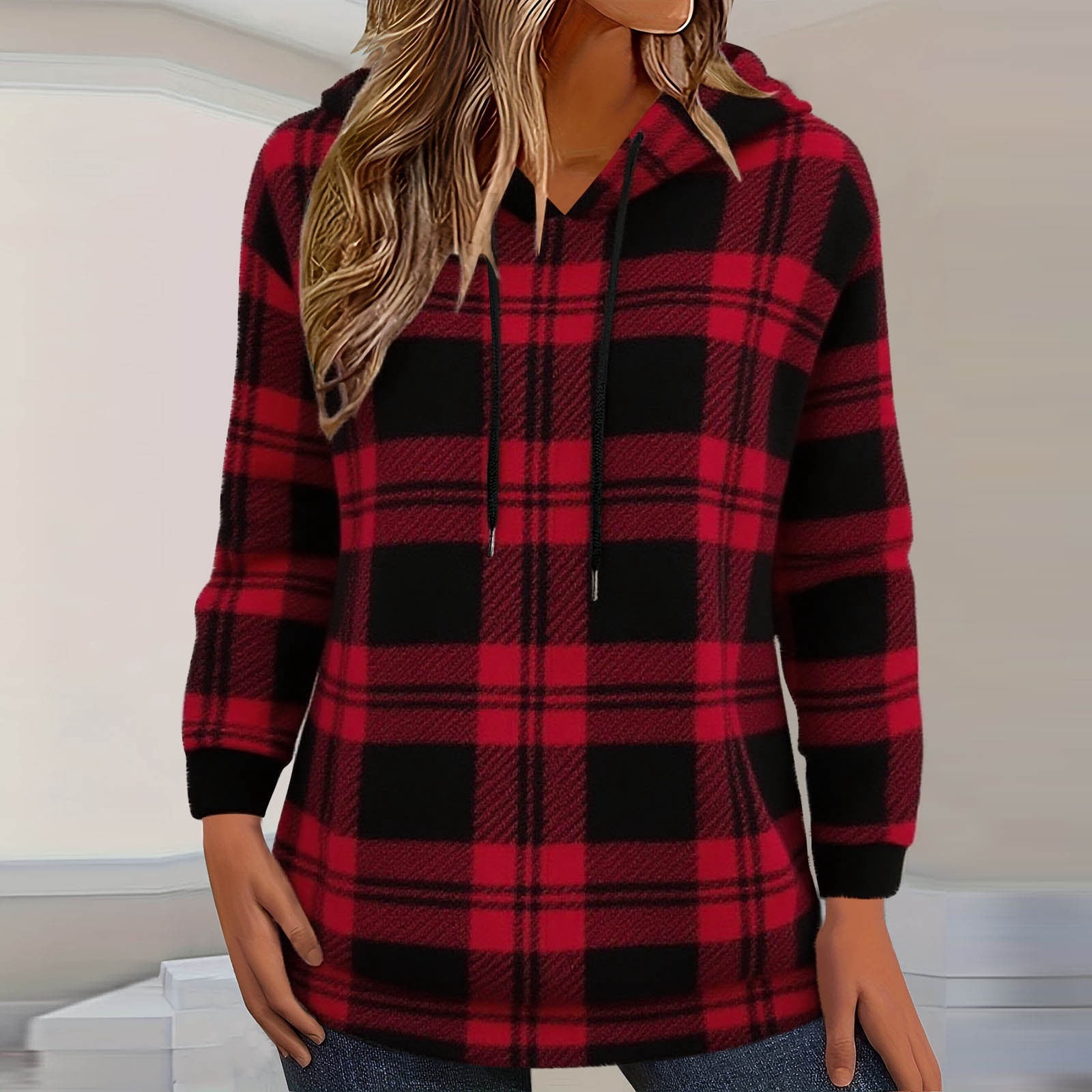 Neewe Plaid Sherpa Fleece Hoodies for Women Fuzzy Oversized Zip up ...