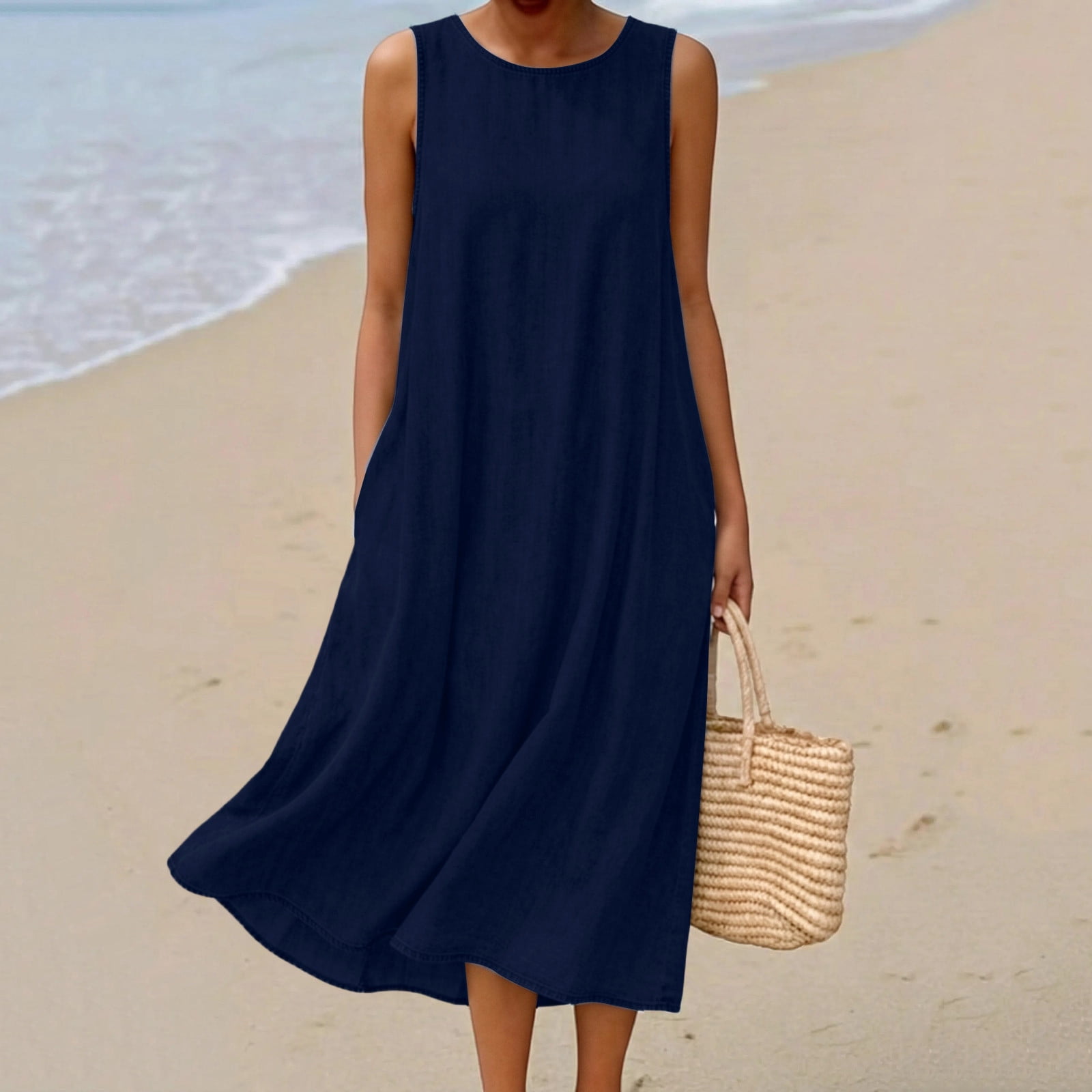 Neewe Women's 2026 Summer Casual Long Sundress Pleated Sleeveless Round ...