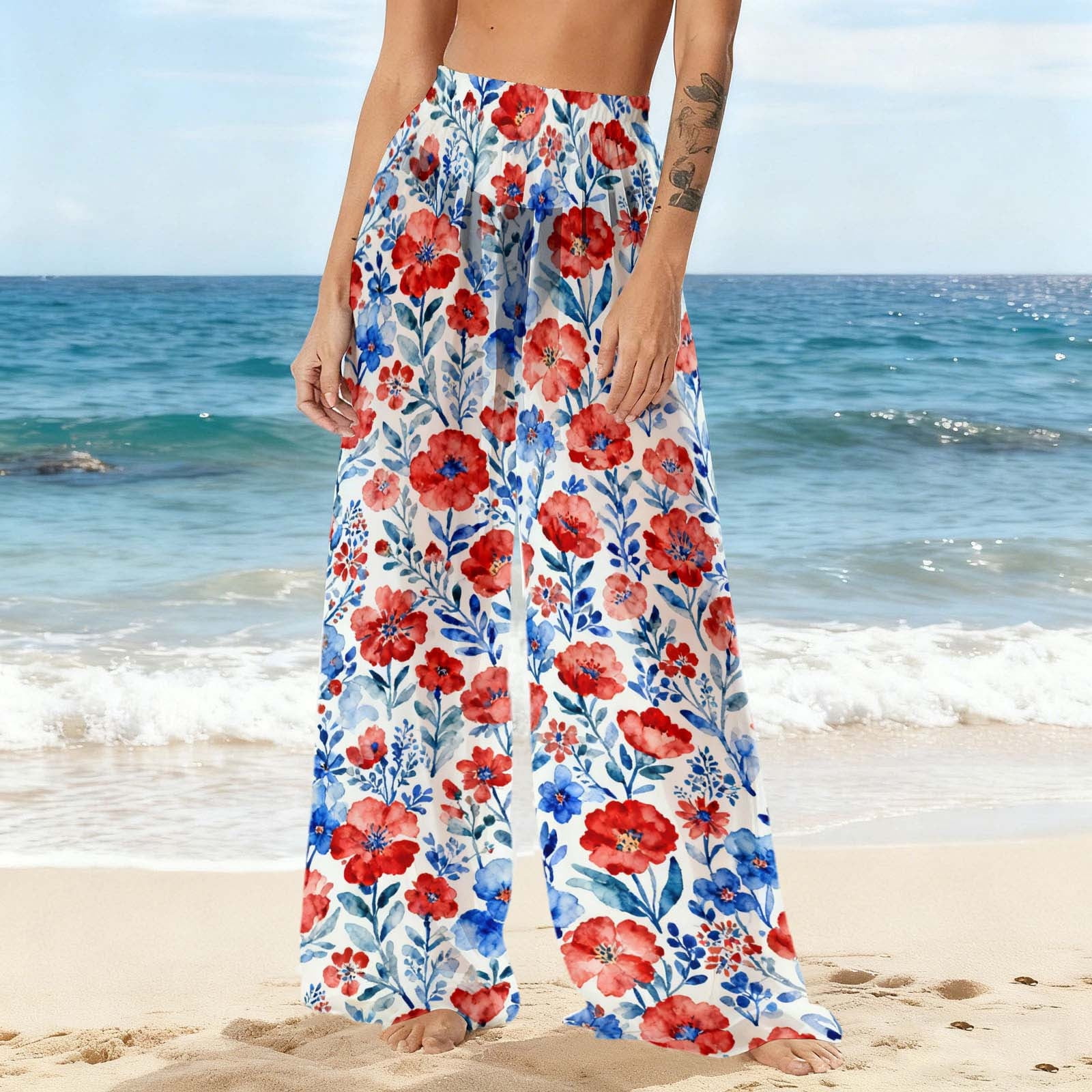 Neewe Women's Chiffon Beach Pants Sheer Wide Leg Palazzo Pants Boho ...