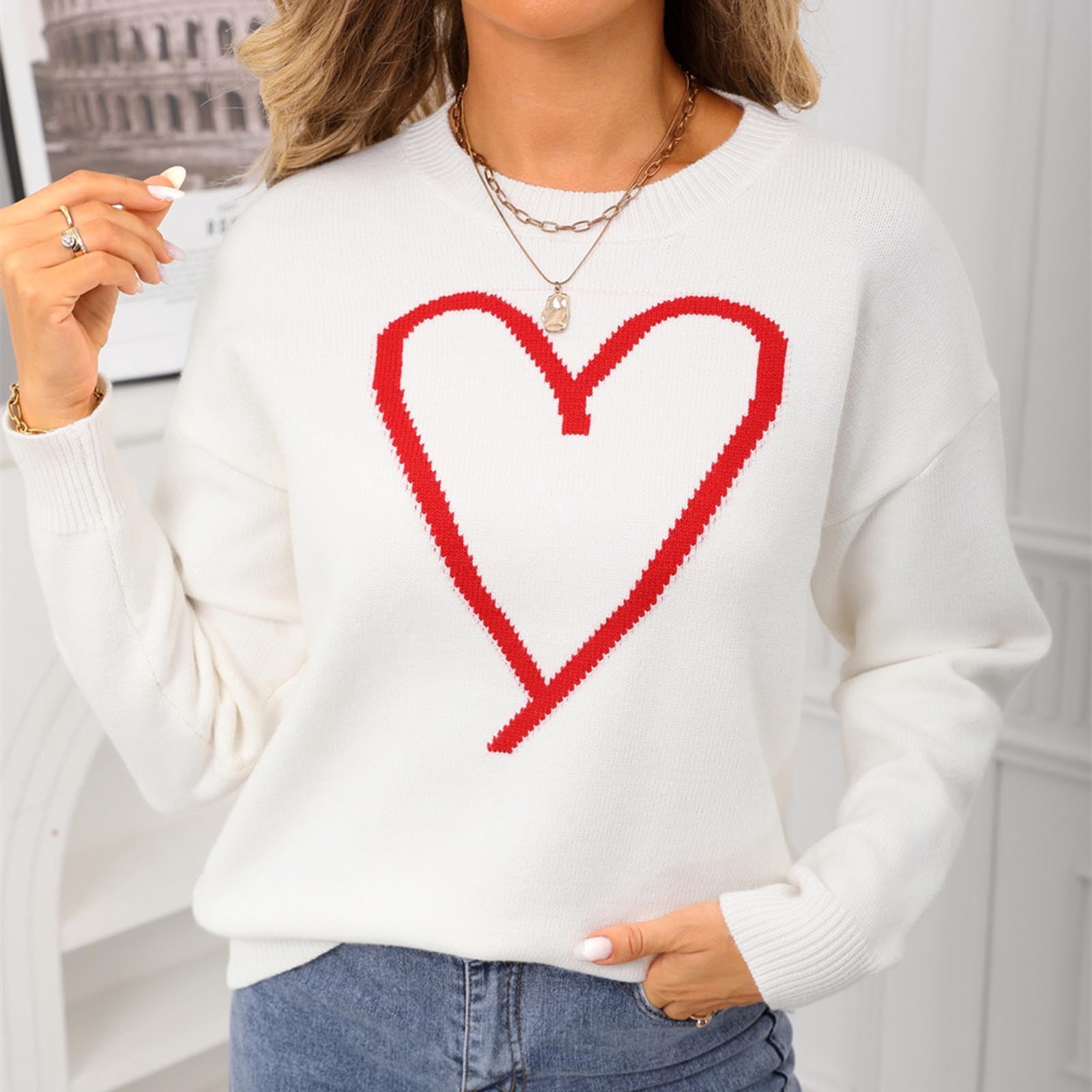 Neewe Women's Cute Heart Sweater Love Print Valentine Romantic Knitted ...