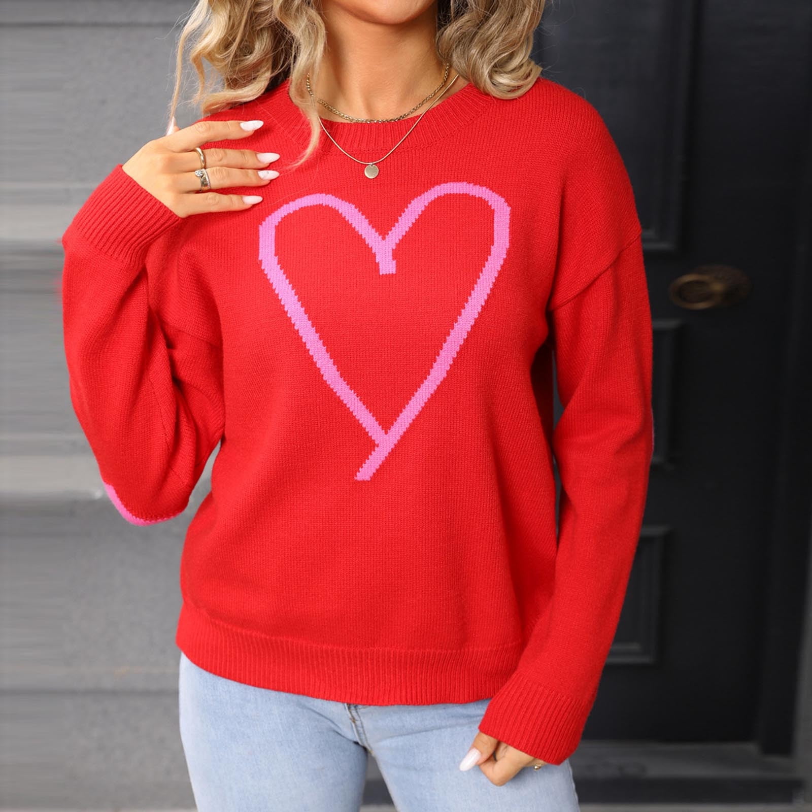 Neewe Women's Cute Heart Sweater Love Print Valentine Romantic Knitted ...