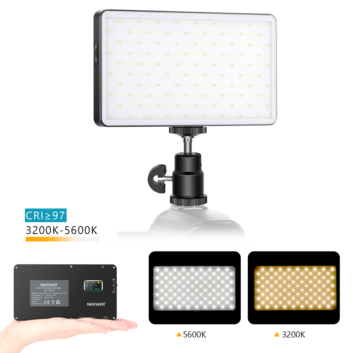 Neewer Pro MFL-06 On-Camera Video Light Pocket-Size 180 SMD LED/Bi ...