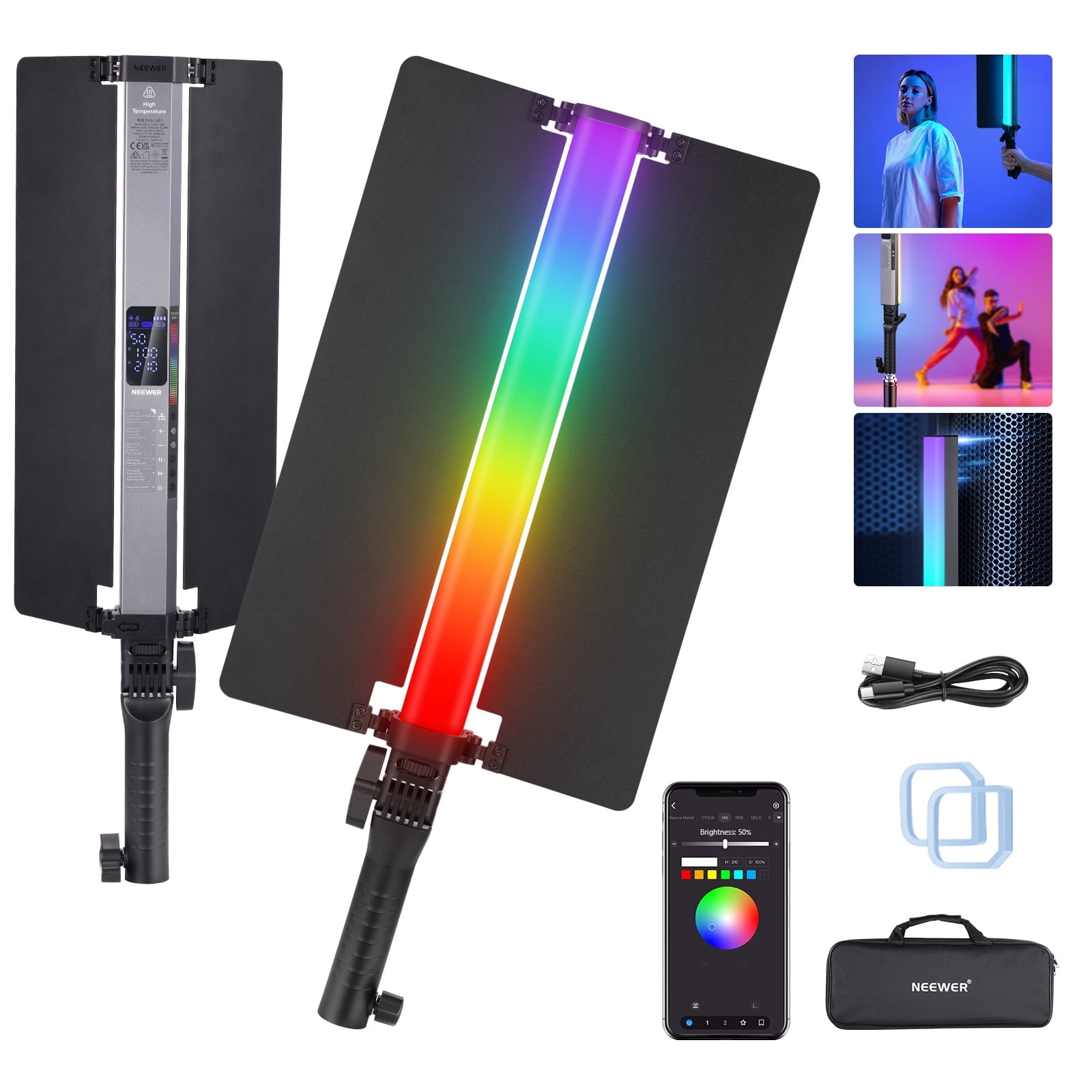 Neewer RGB2 LED Tube Light Stick with Metal Barndoor, Handle, Touch Bar ...