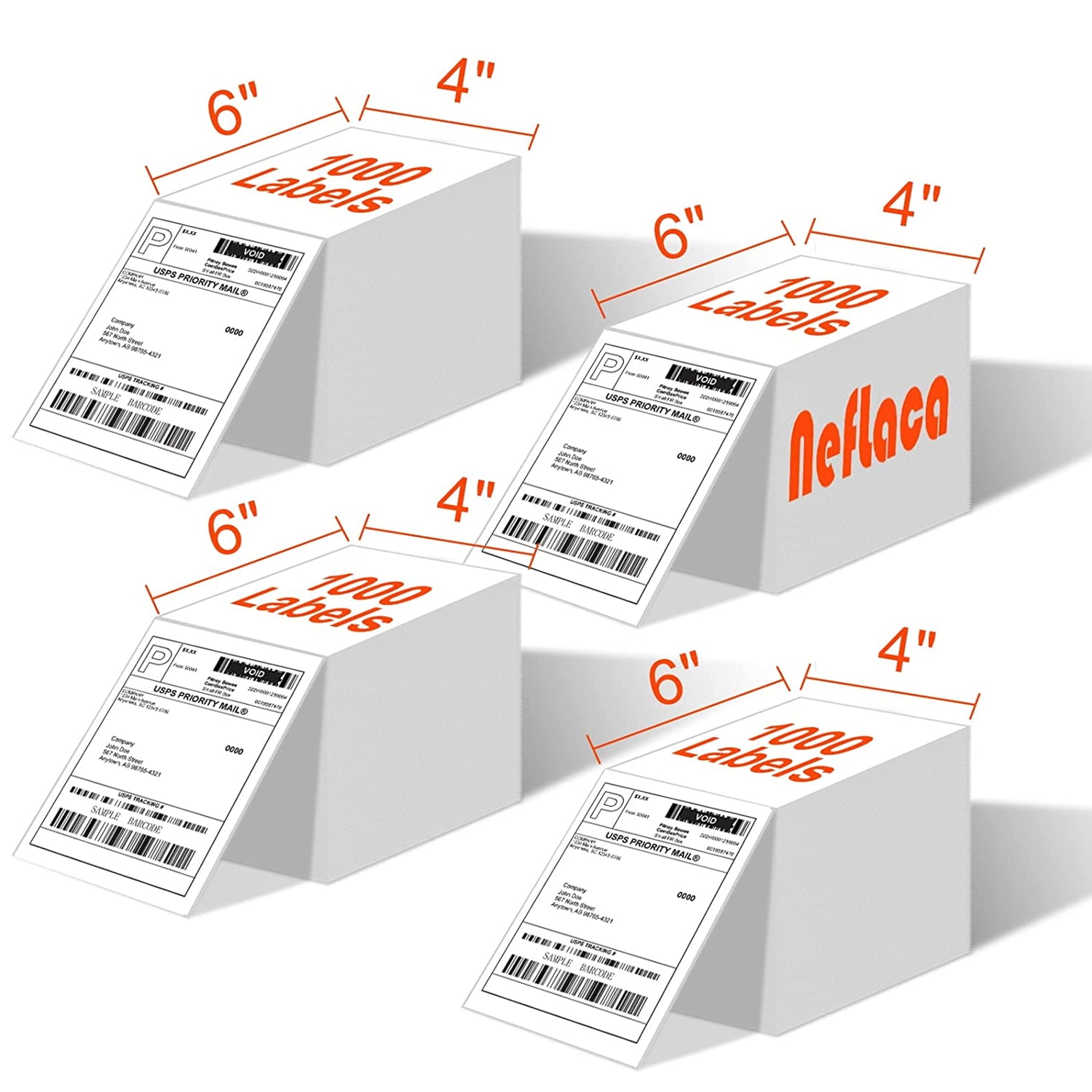 NefLaca Fanfold 4" x 6" Direct Thermal Shipping Labels with Perforation, 4 Stacks, Total 4000 ...