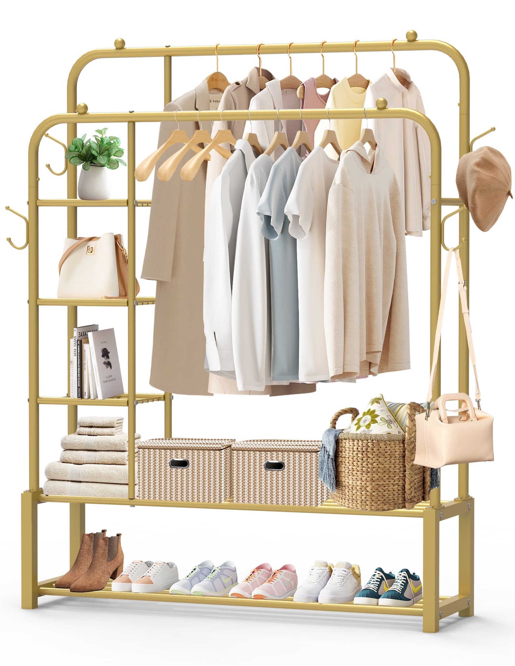 Nefoso Metal Dual Layers Clothing Garment Rack, Double Rails Closet ...