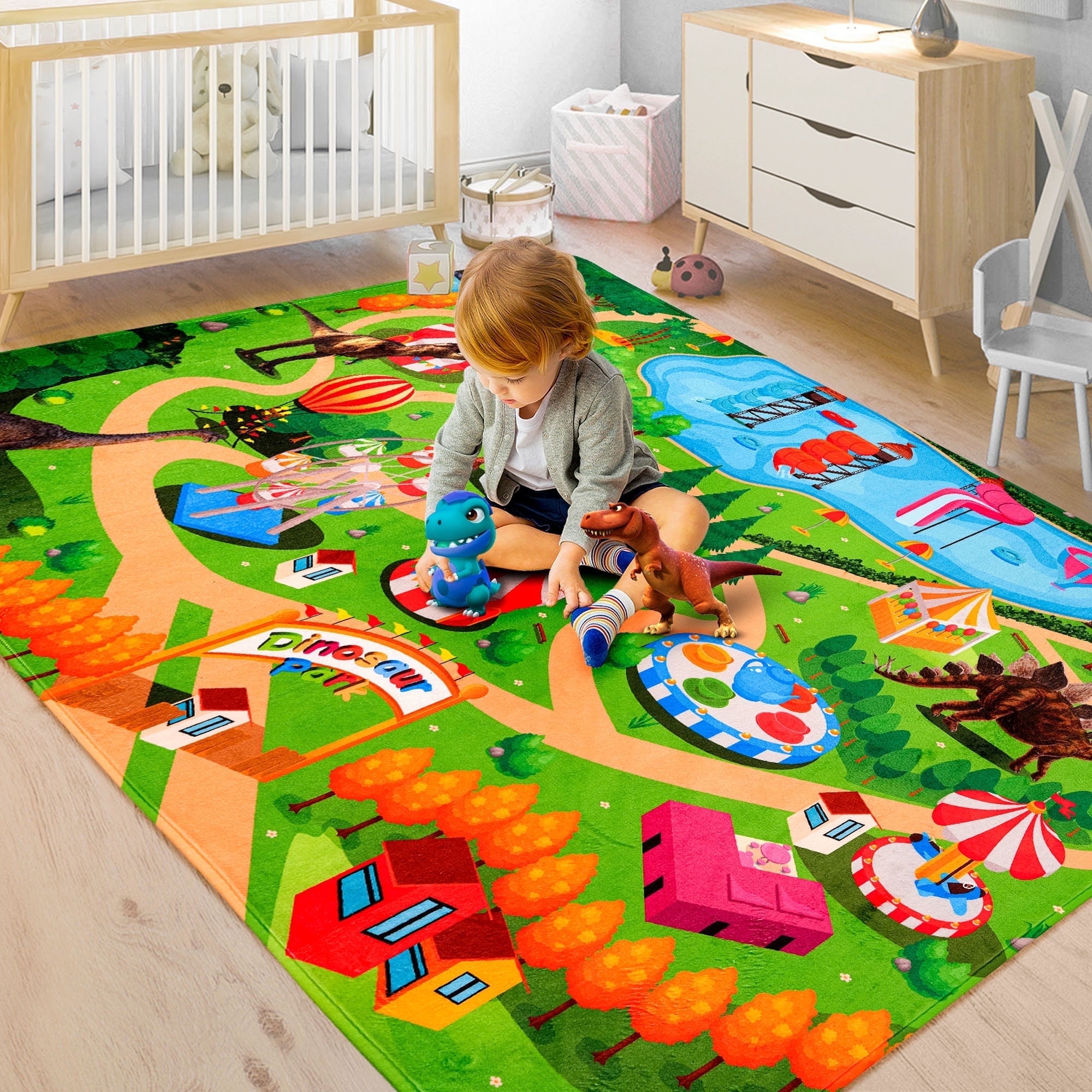 Nefoso Kids Play Rug, Kids Play Mat Dinosaur Land 3ft x 5ft Area Rug ...