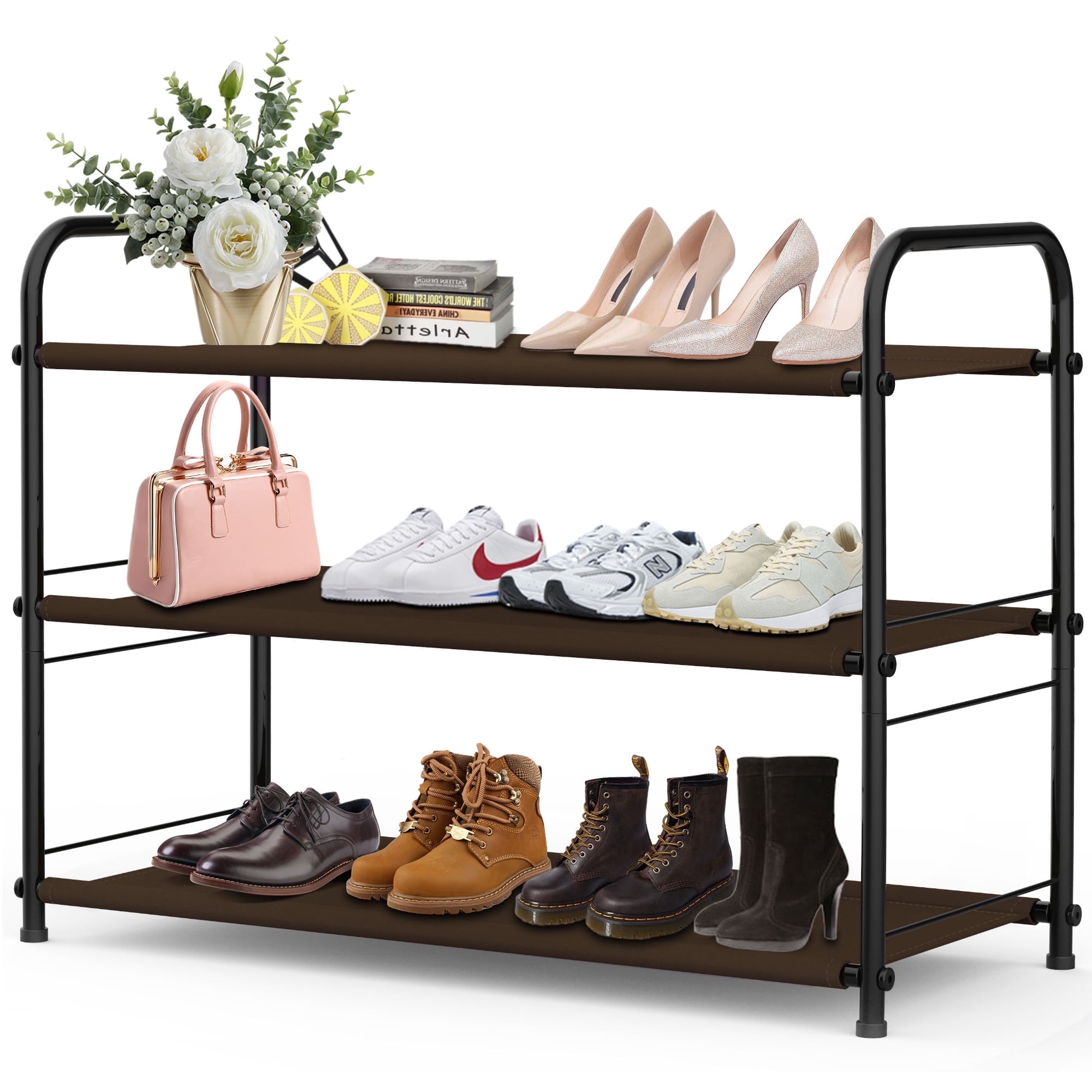 Nefoso 3-Tier Metal Shoe Rack, Adjustable, Stackable, 600D Oxford Shoe ...