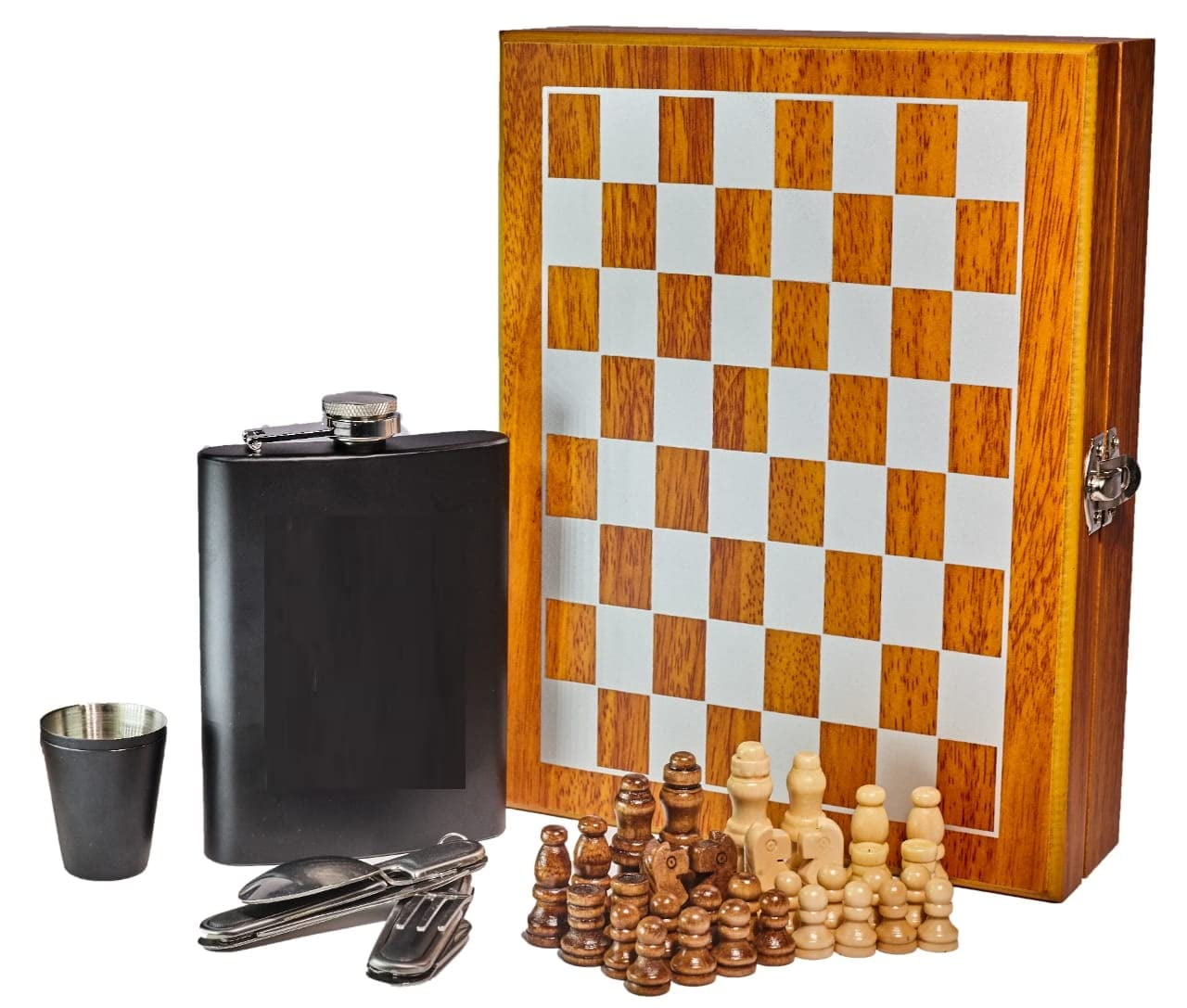 Negro Chess Set Hip Flask with Wooden Chess Box Black Leather Stainless ...