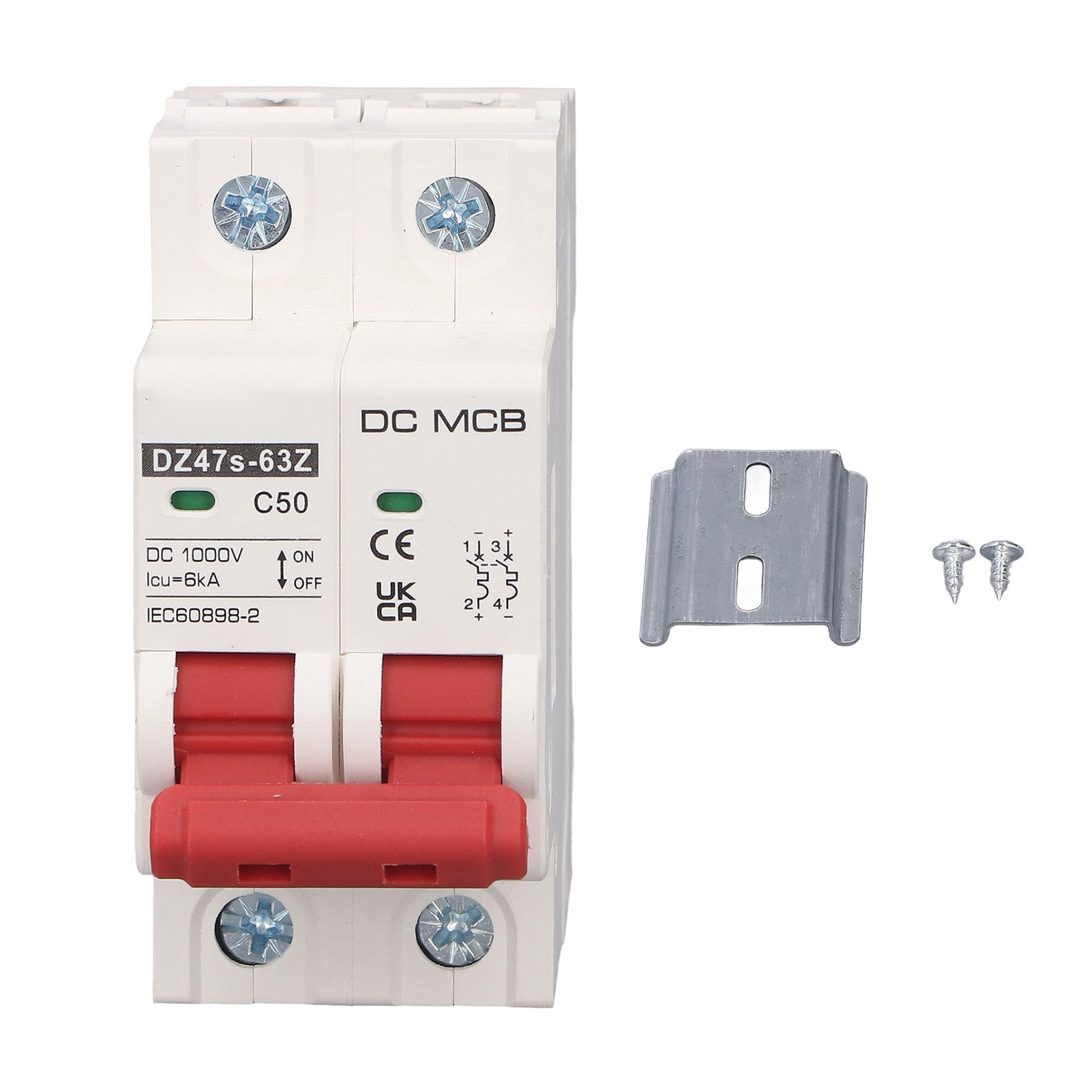 Nehlobo SG DC Miniature Circuit Breaker 2P 50A DC1000V 6000A Breaking Capacity DIN Rail Mount ...