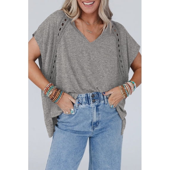 NeiHoYe Boho Chic Crochet Lace V-Neck Oversized Tee - Soft Gray Tee for ...