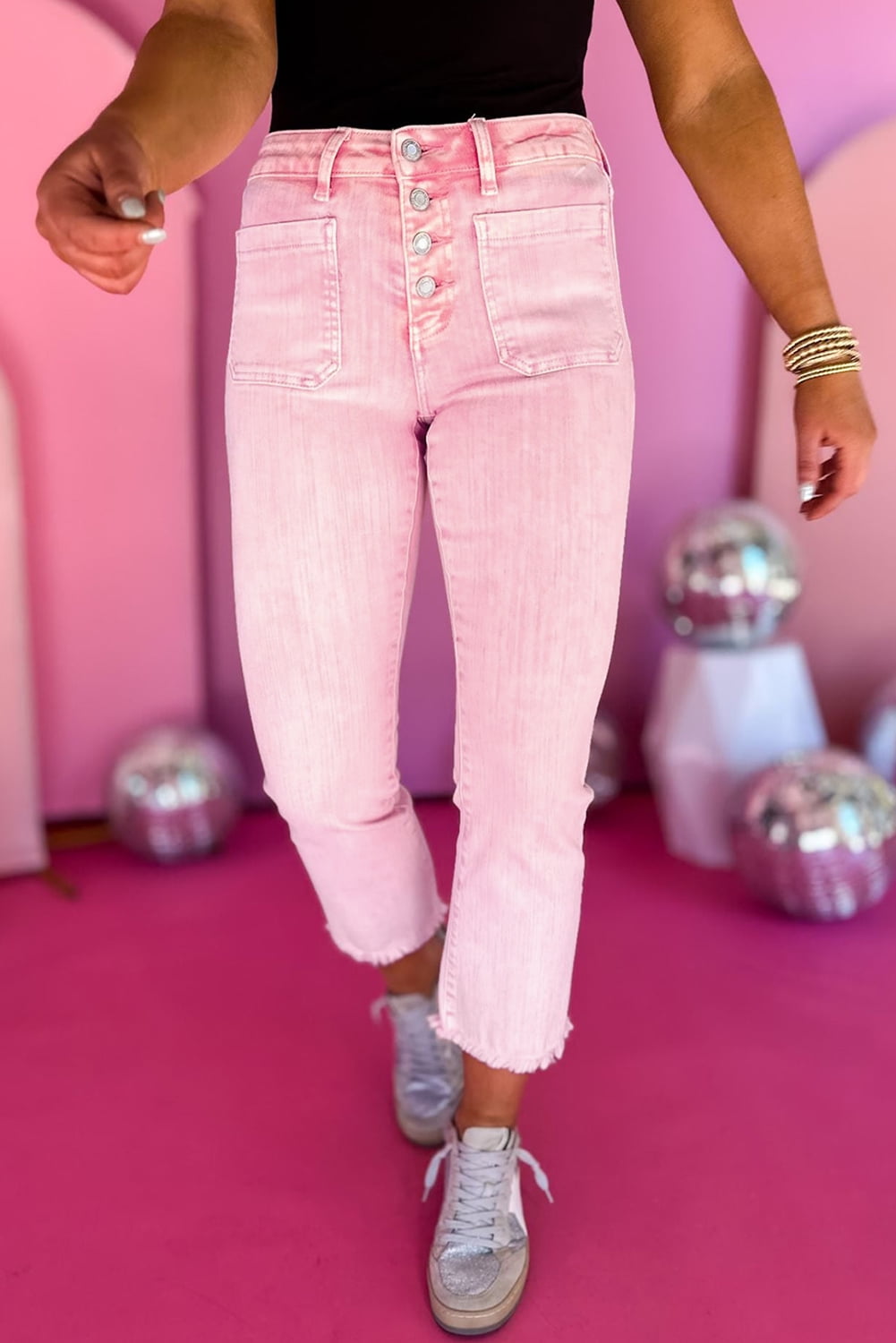 NeiHoYe Vibrant Apricot Pink Crop Jeans - Trendy Raw Edge, Multi-Button Style! - Walmart.com