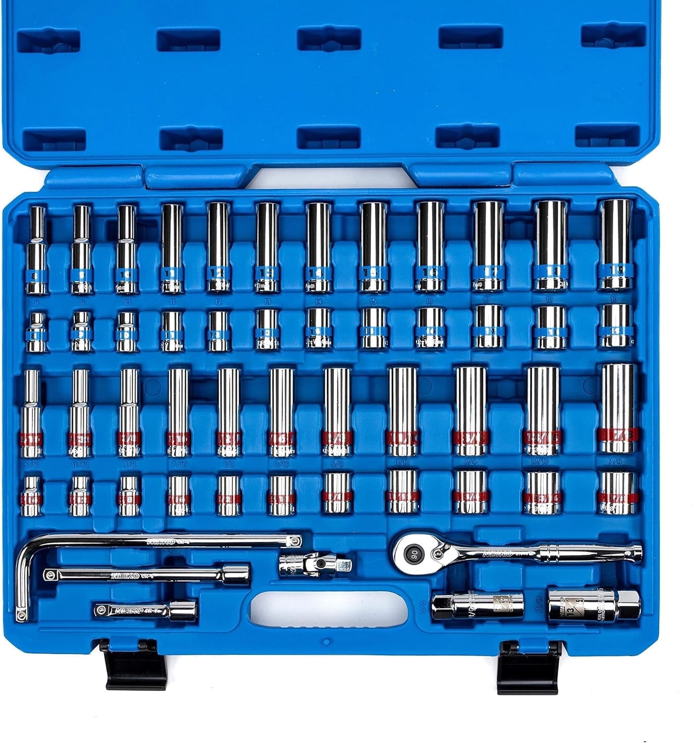 Neiko 02513A 3/8-Inch-Drive Ratchet and Socket Set, 53-Piece, Standard ...