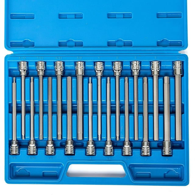 Neiko 10079A Extra Long Allen Hex Bit Socket Set, 18 Piece SAE and Metric Allen Socket Set, 3/8 ...