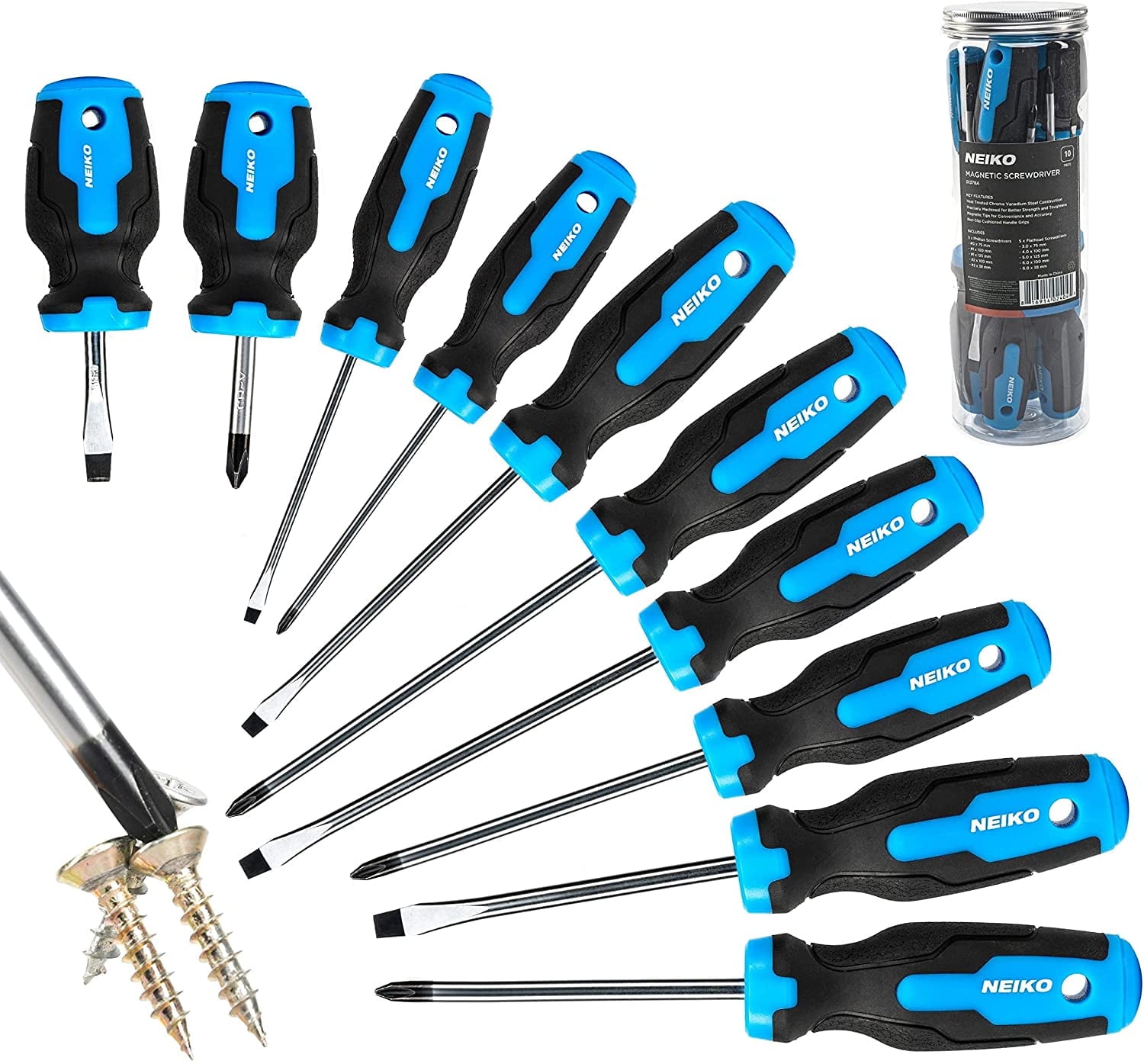 NEIKO 01378A Magnetic Screwdriver Set, 10 Piece, Phillips & Flathead ...