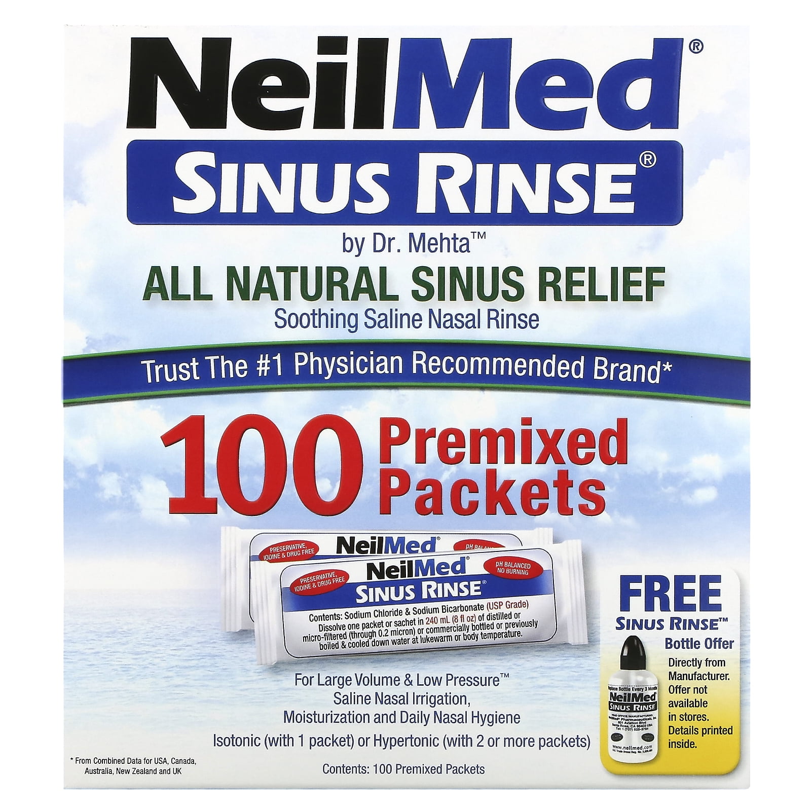 NeilMed Sinus Rinse All Natural Relief 100 Premixed Packets All-Natural ...